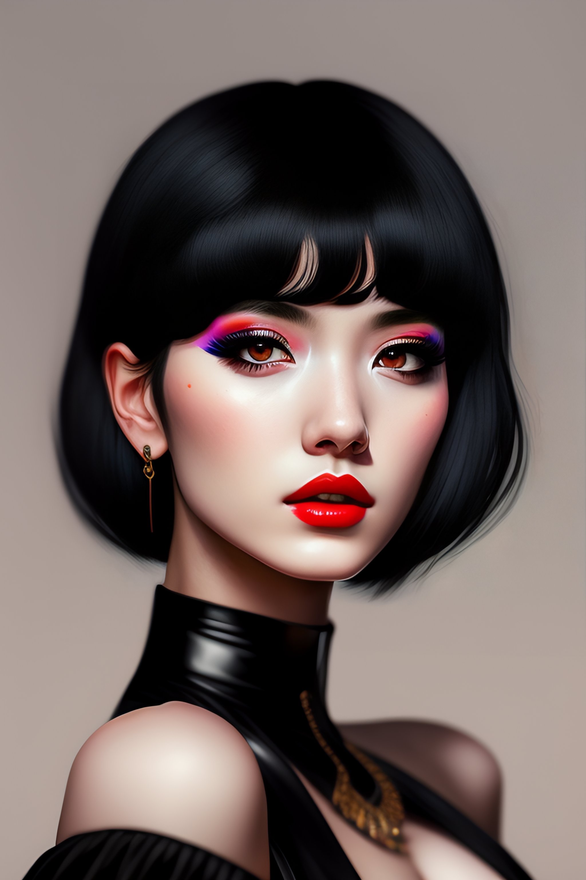 Lexica - E-girl, fully body, black hair, short bangs hairstyle, pale ...