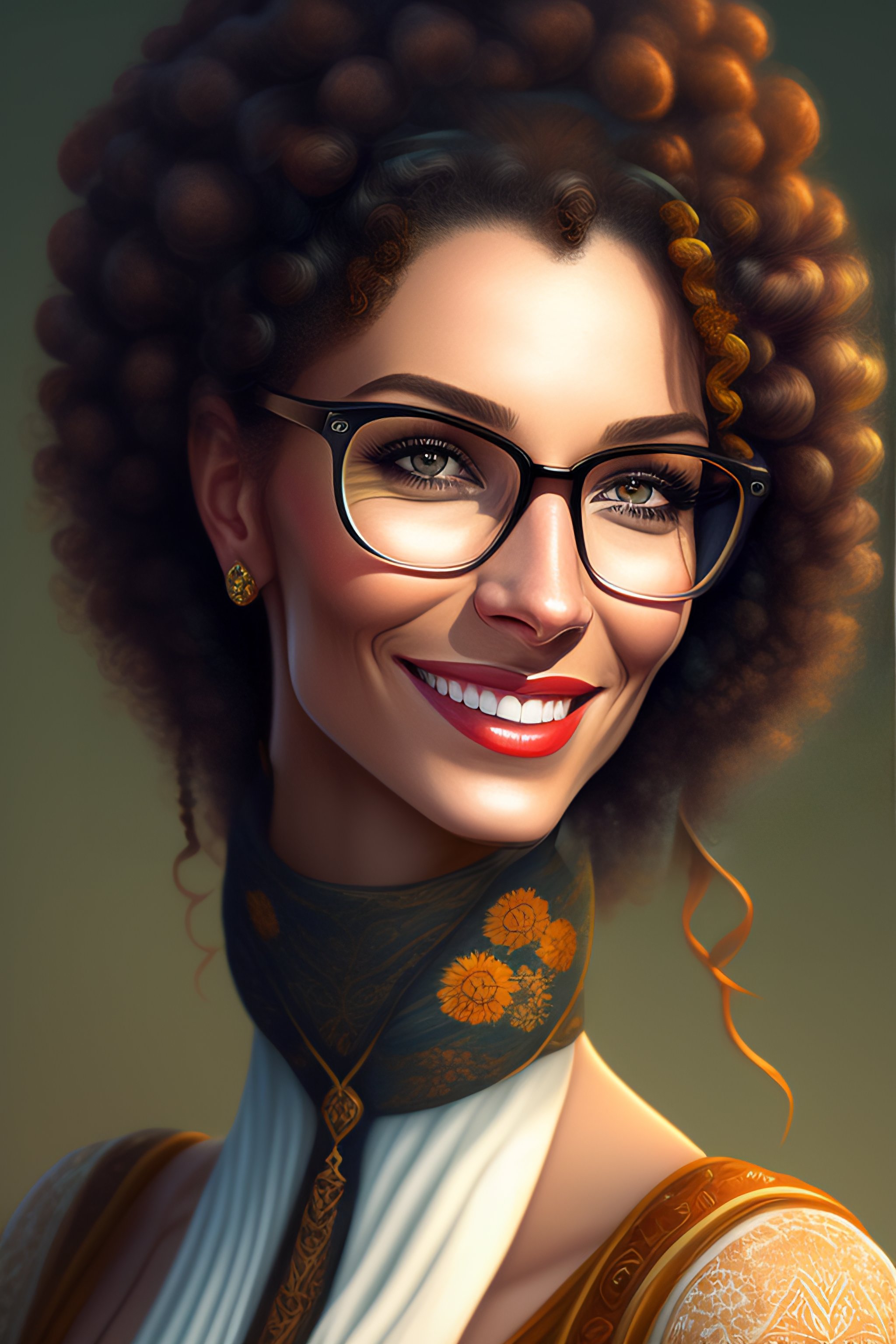 Lexica - Face, Caucasian woman, broad chin, tied curly hair, glasses ...