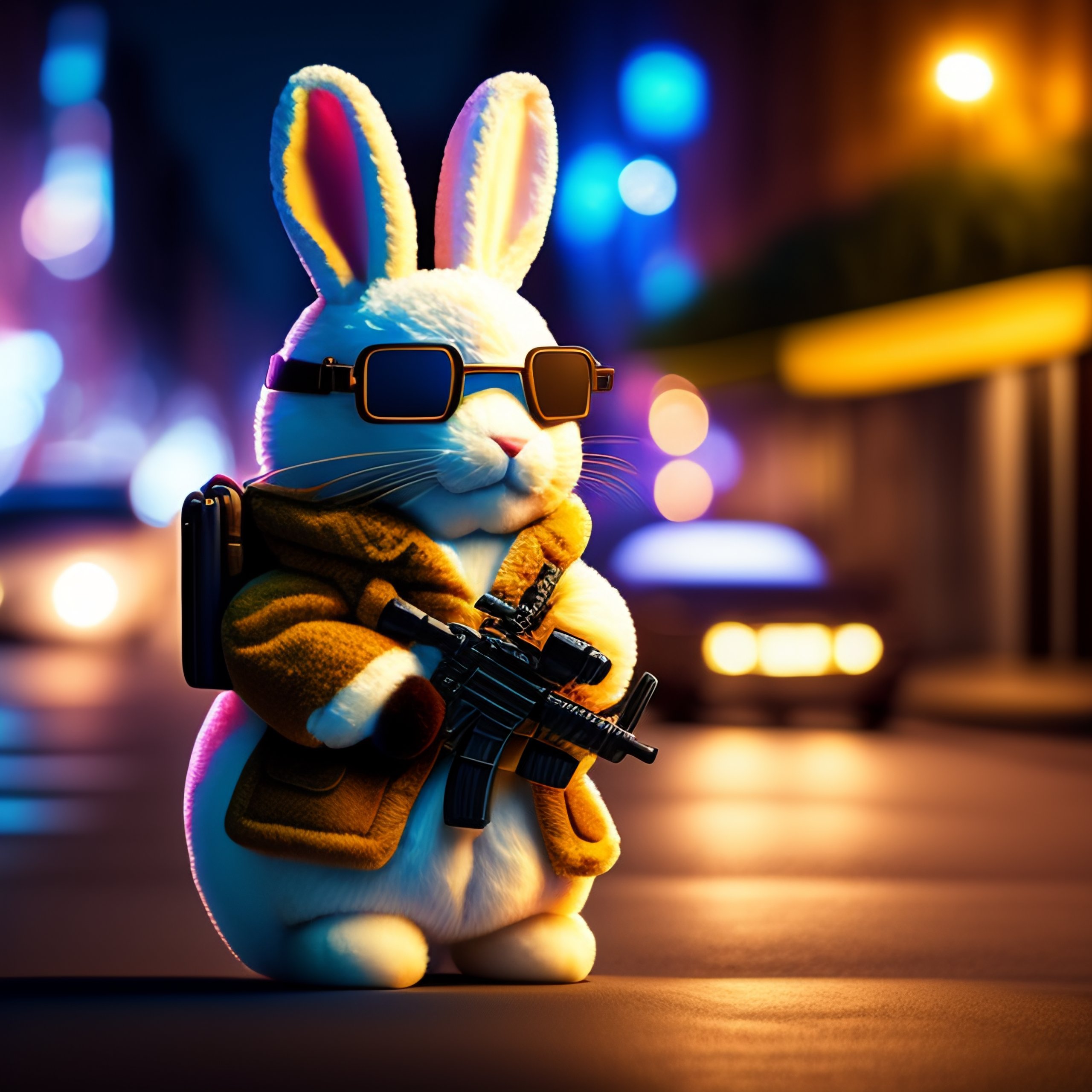 Lexica - Plush rabbit with gun and sunglasses in front of bank robbing ...