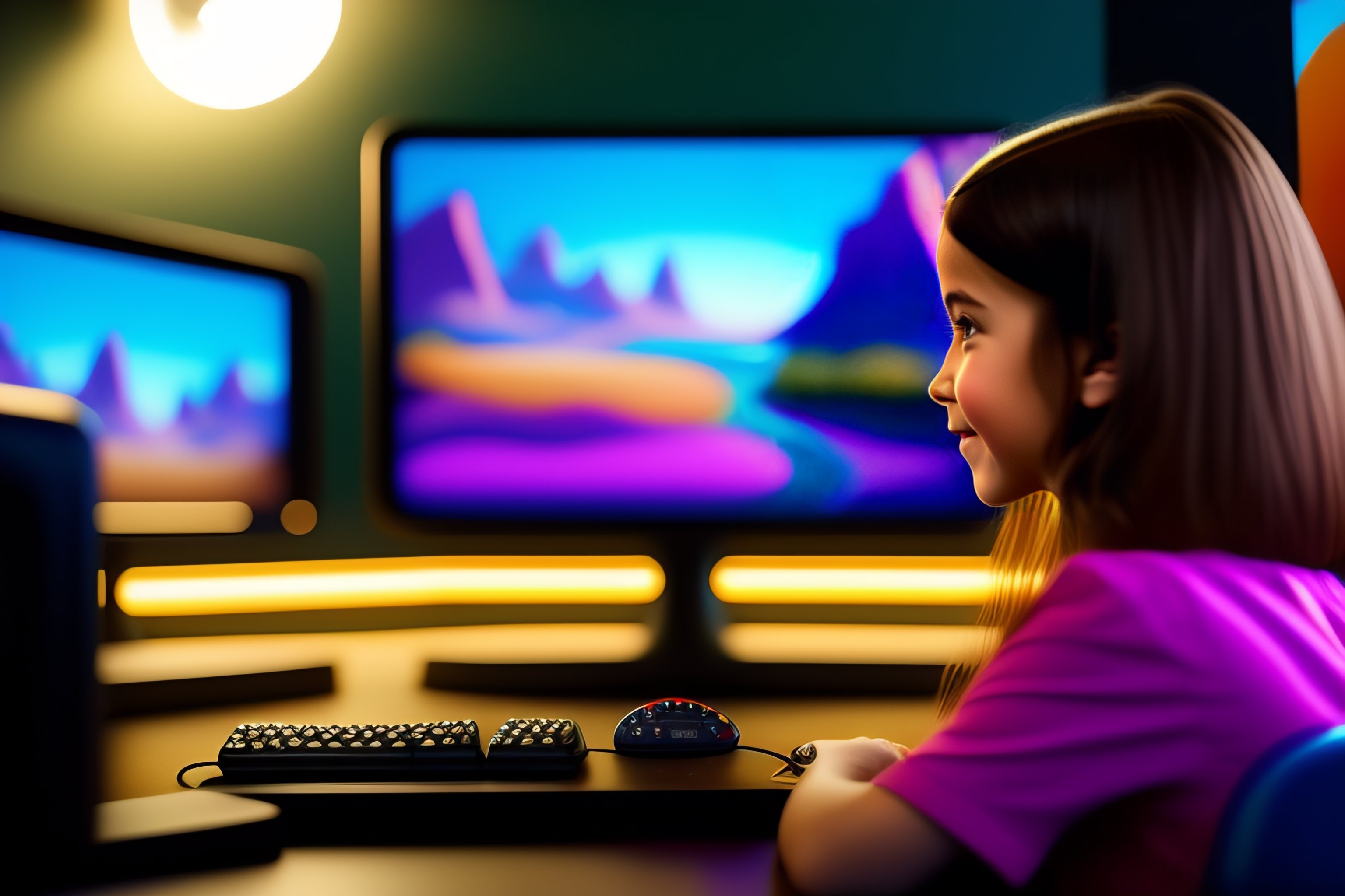 Lexica - Bright Pixar art girl playing computer games, where the ...