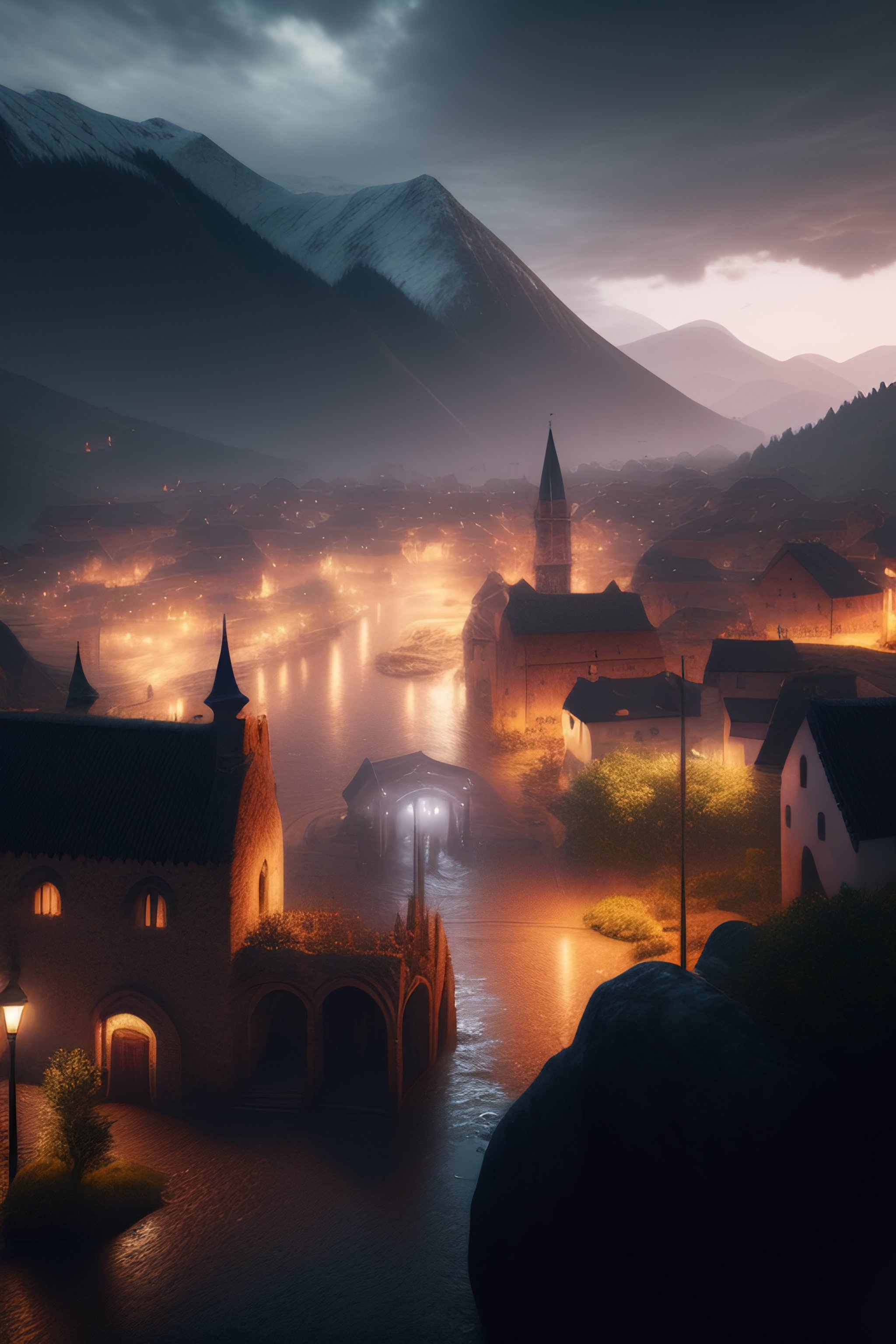 Lexica - The center of a poor medieval town under heavy rain at late ...