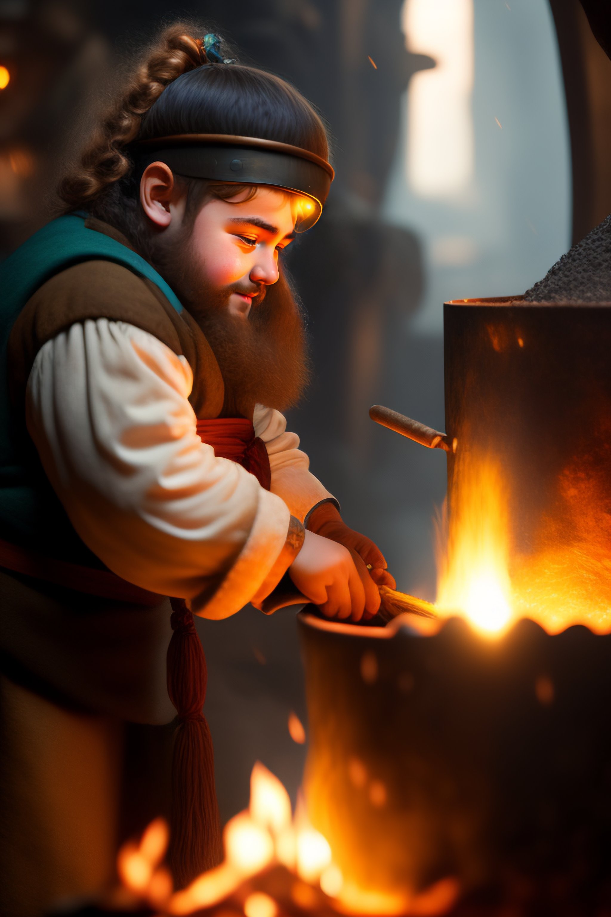 Lexica - Young cleric dwarf working in a forge