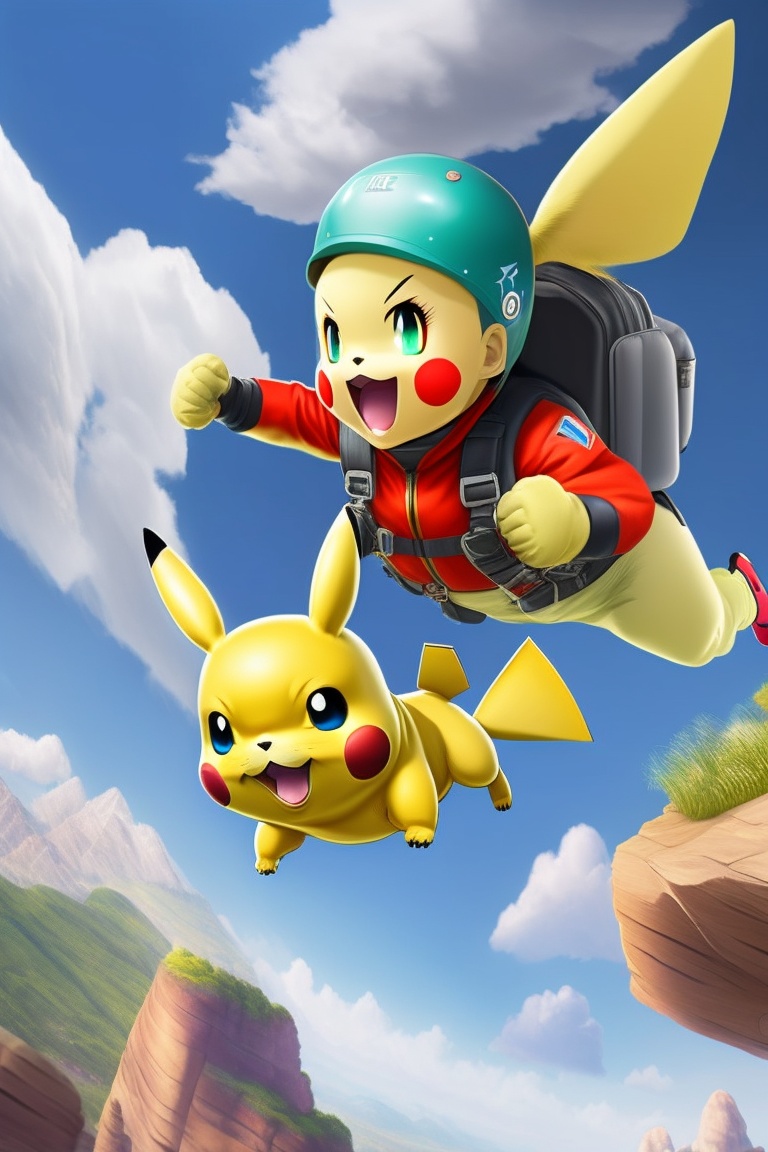 Lexica - Pikachu skydiving with ash,greeninja from mountain