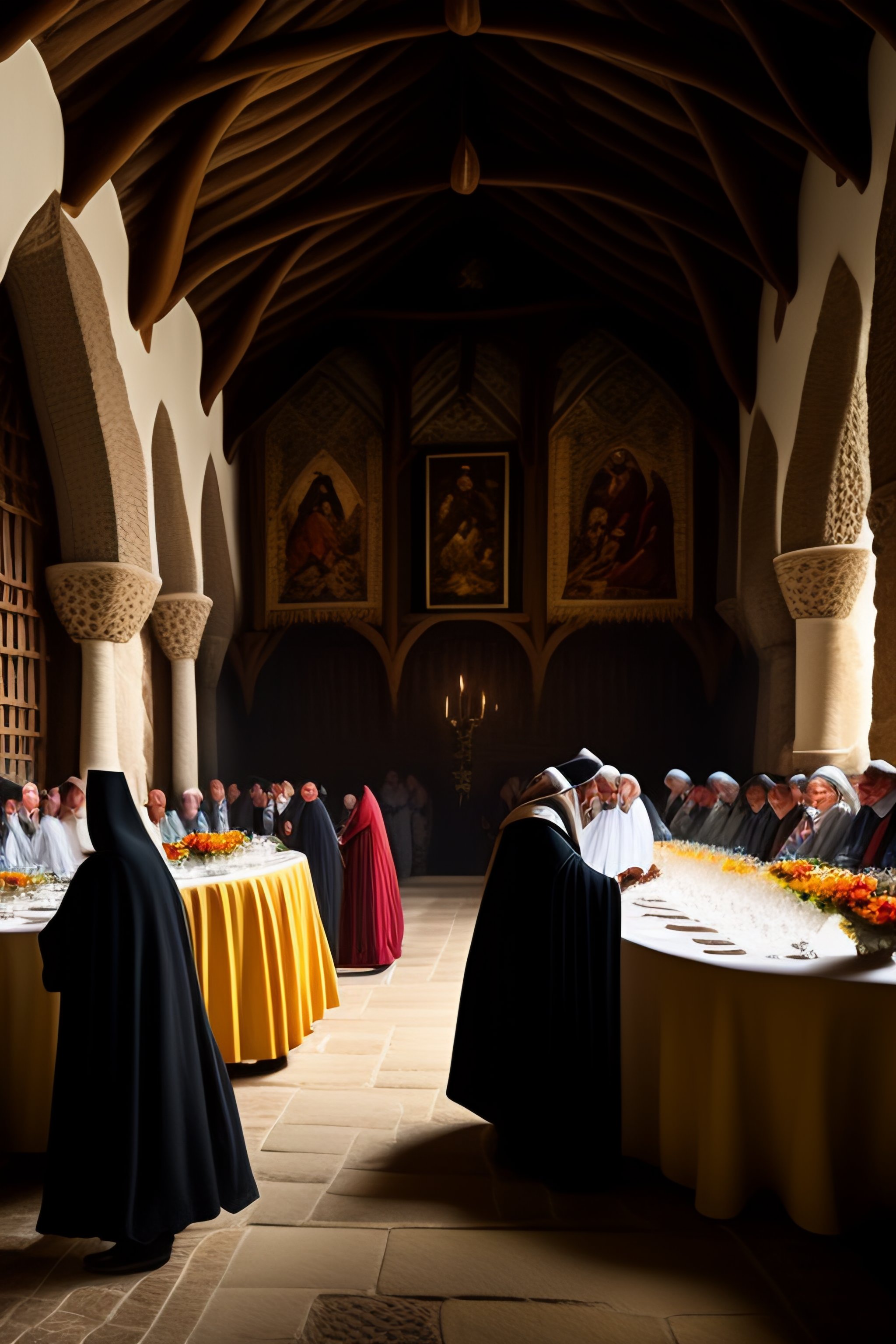Lexica - Medieval hall, with a meal and people with cloaks hiding their ...