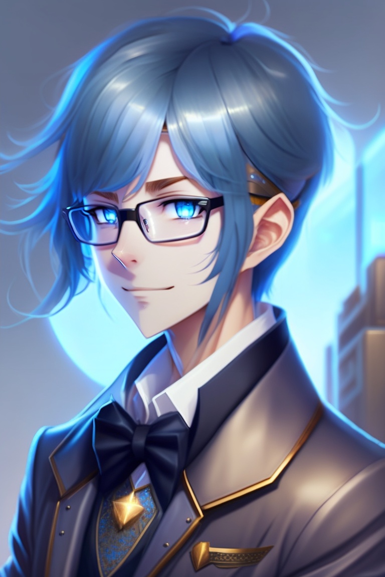 Lexica - Young-professor, blue hair, white hair, black clothes, golden ...