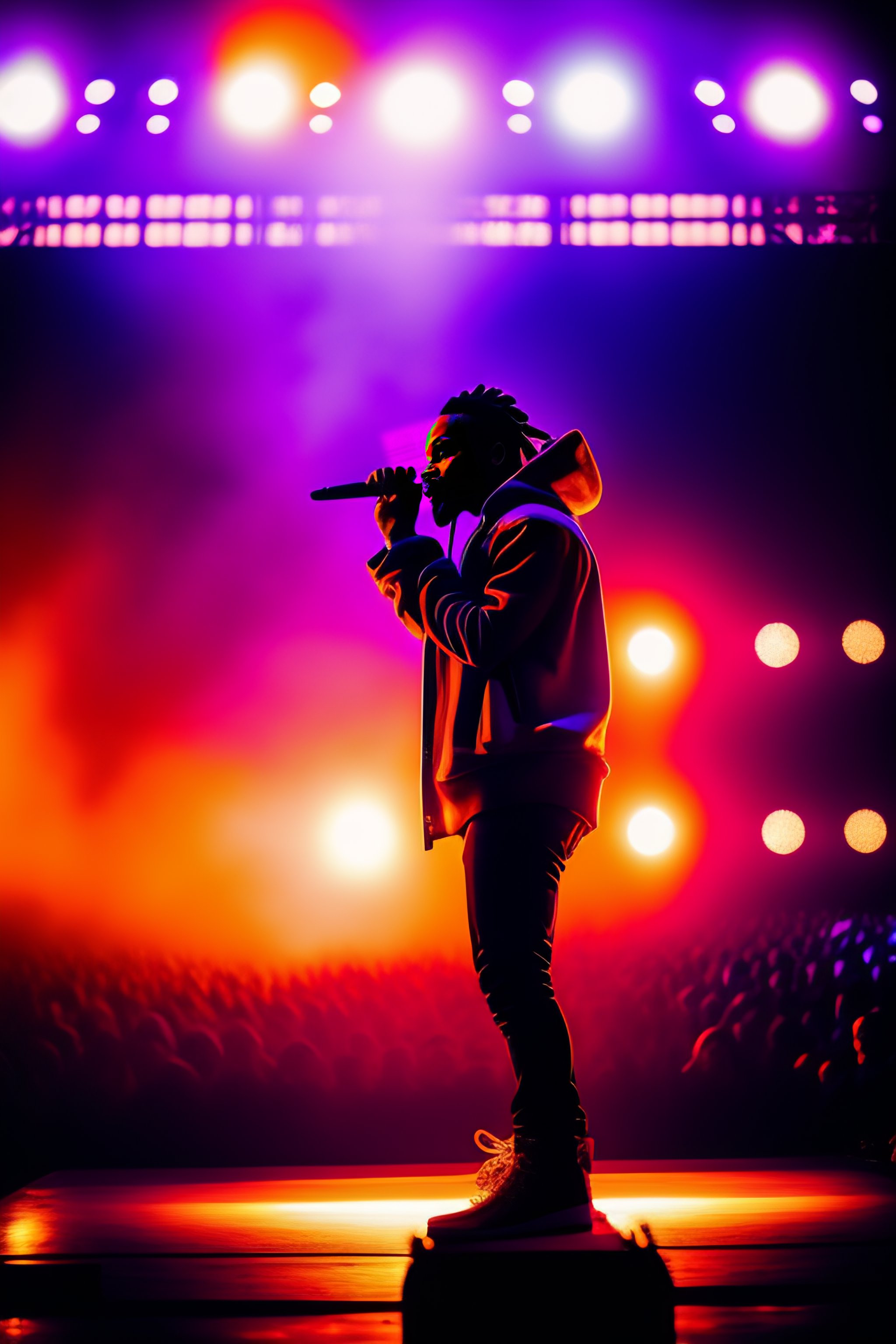 Lexica - Kendrick lamar performing in front of a huge crowd, 4k, Aubrey Powell, vintage photo ...