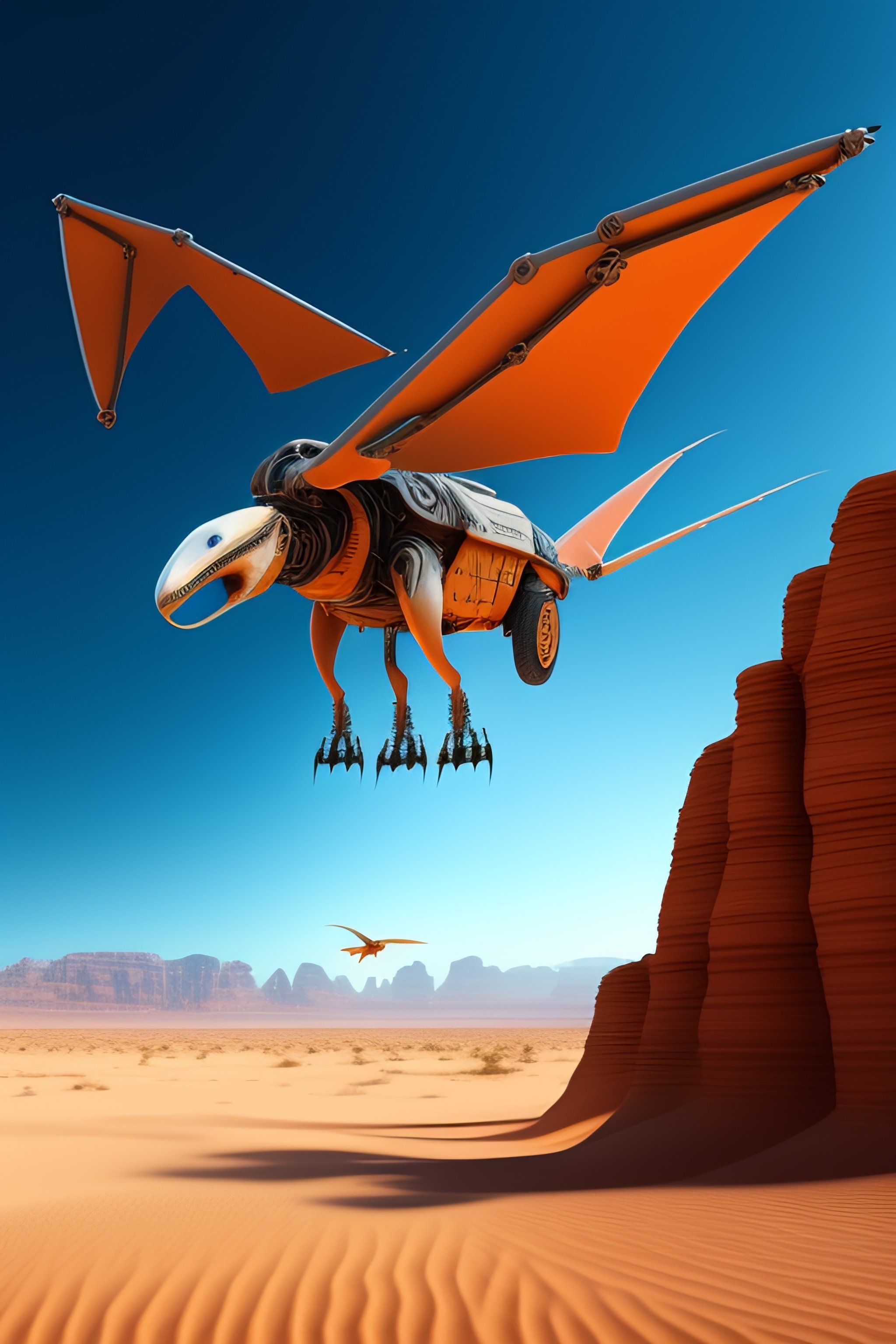Lexica - A robot pterodactyl flying over the desert