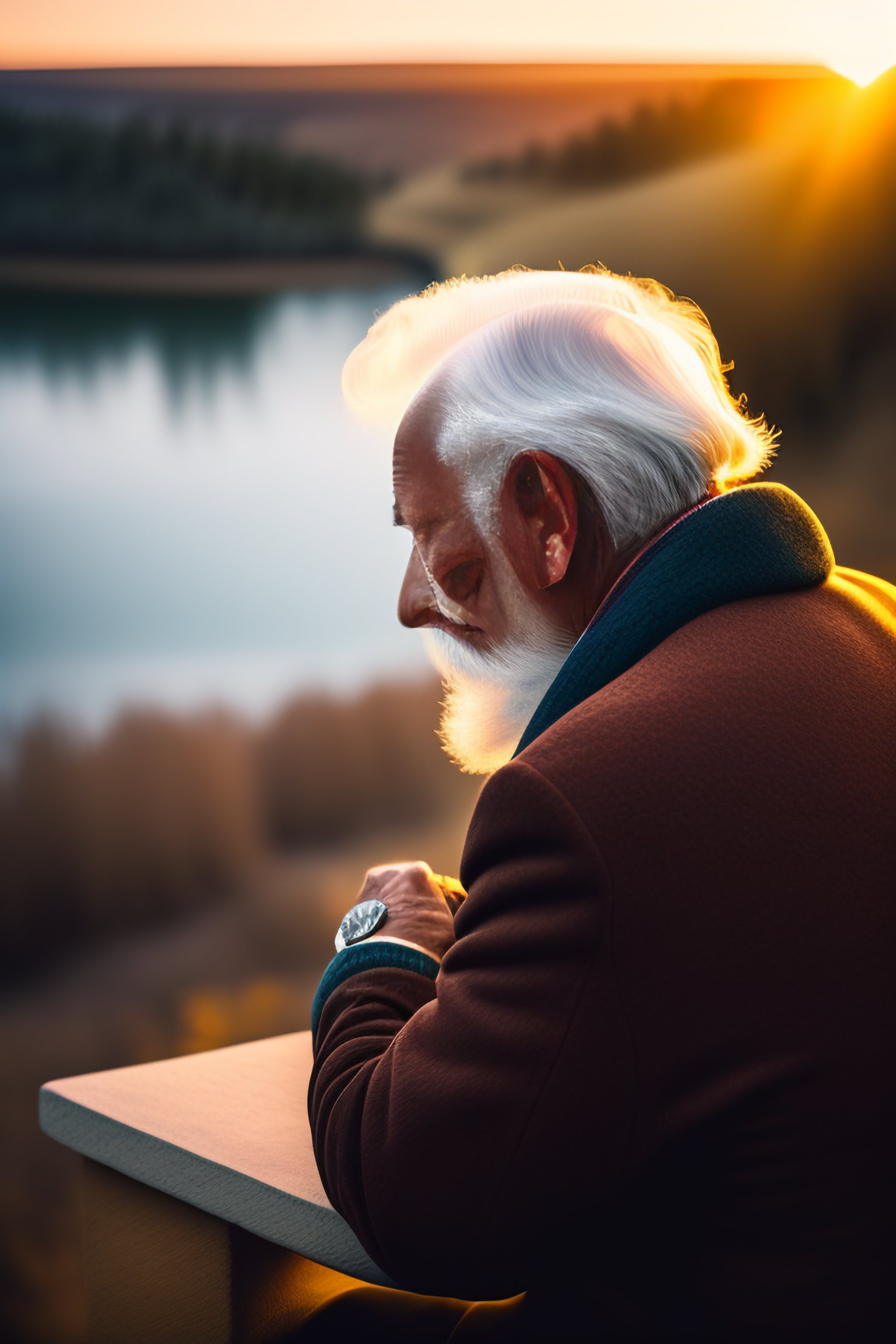 Lexica - Old man sitting ipad shot from top behind golden light