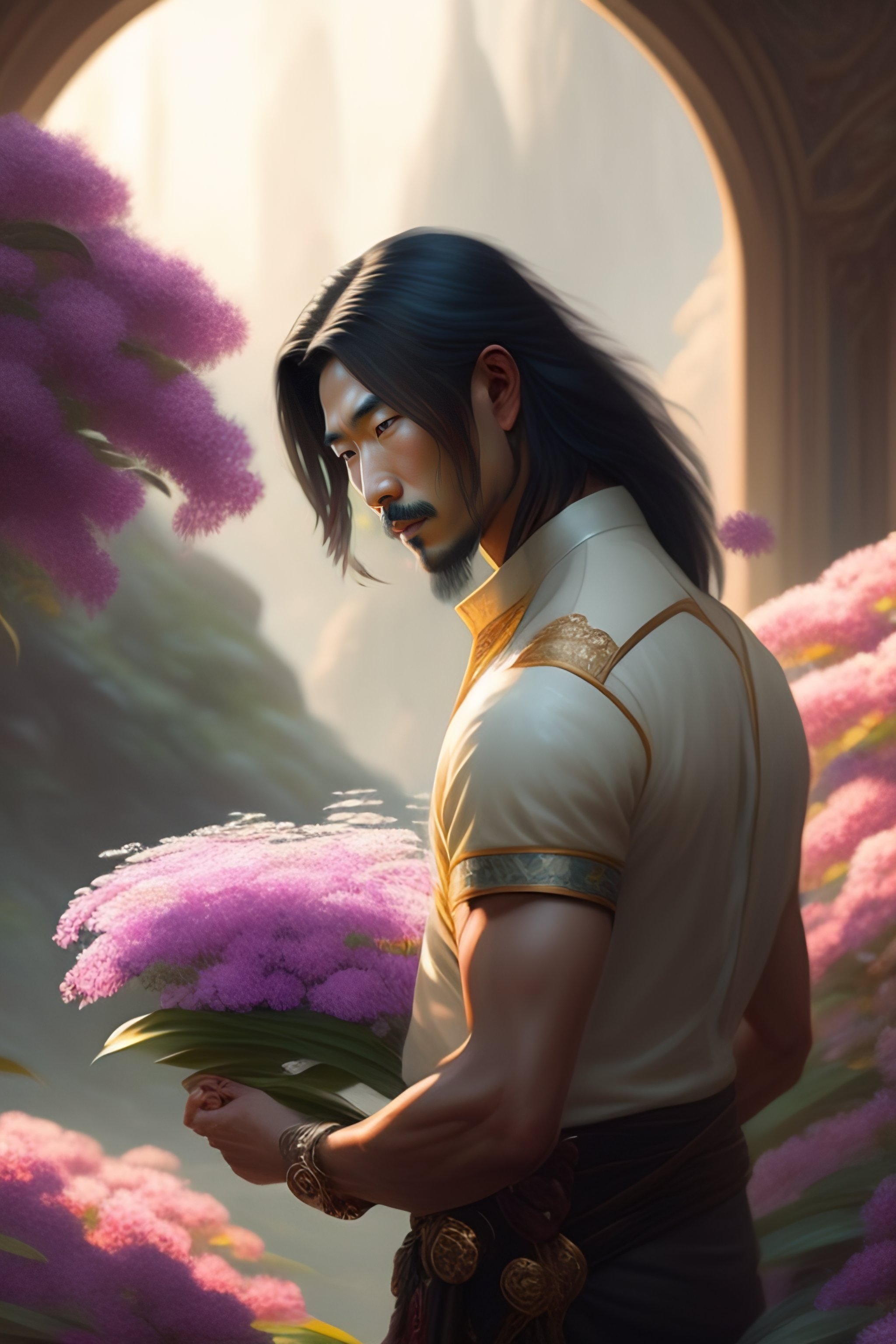 Lexica - Asian man with mullet smelling a flower, orchids everywhere ...