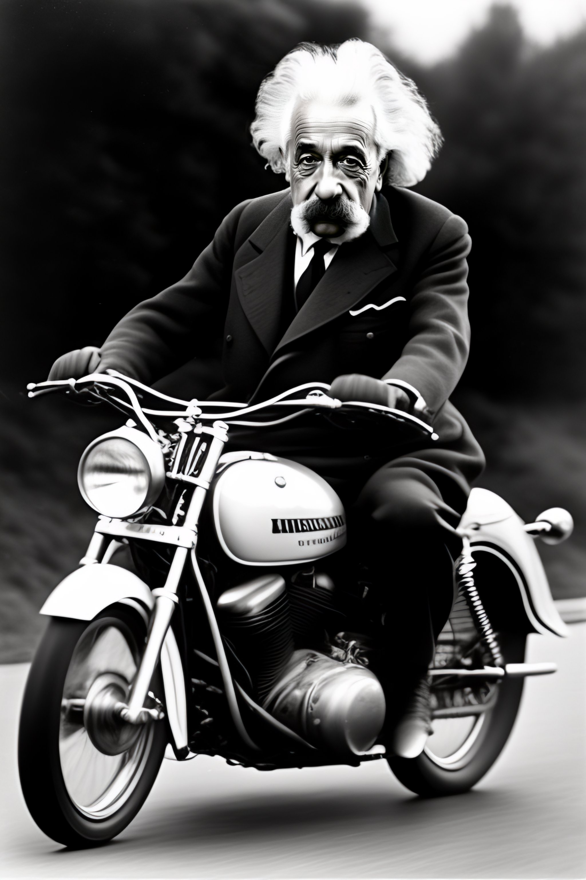 Lexica - A photo of albert einstein riding a motorcycle