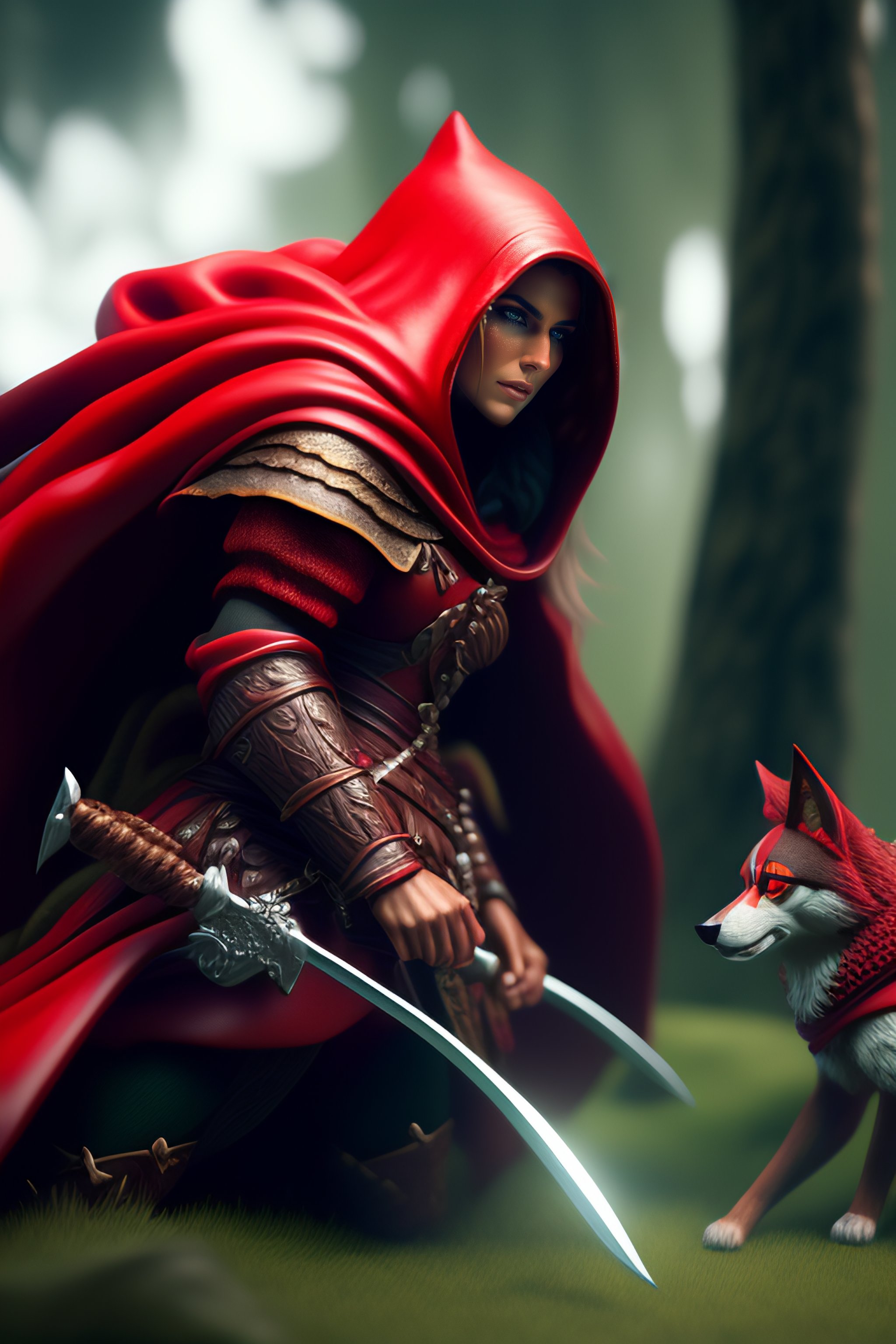 Lexica - Beautiful red riding hood warrior confronting a werewolf ...