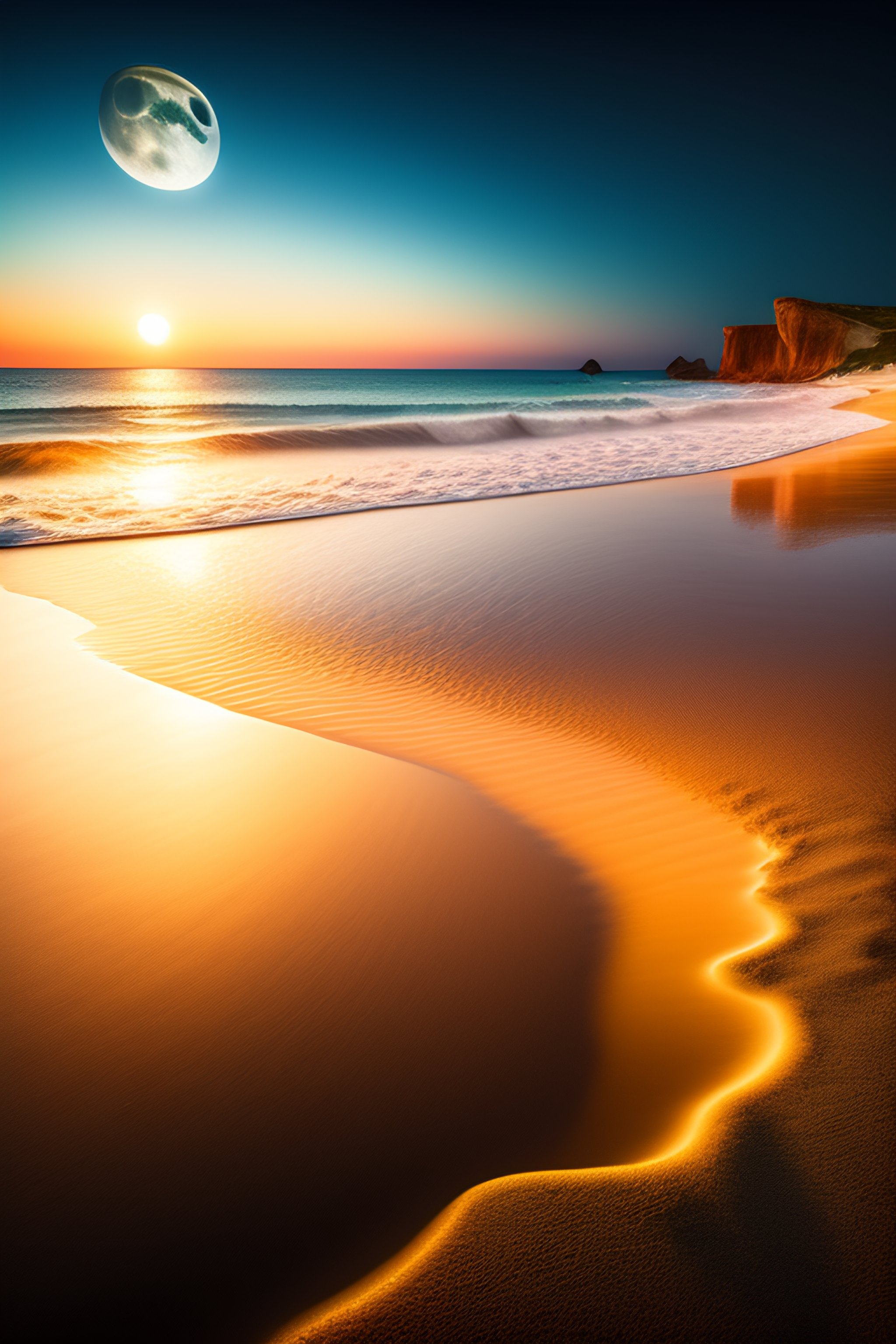 Lexica - A gold sand beach, at night, full moon, crystal clear water