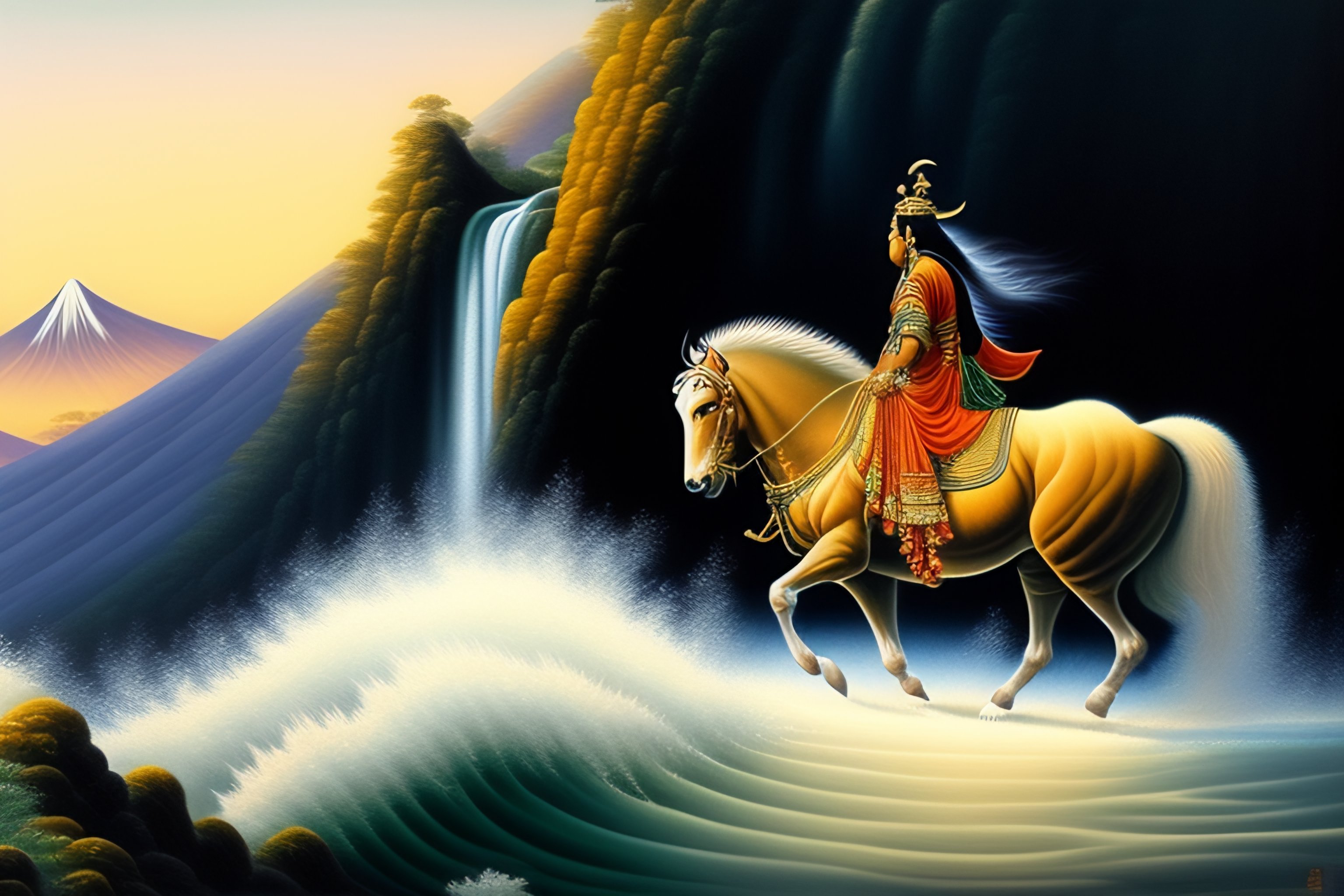 Lexica - Lord Shiva riding his bull under a waterfall. Japanese Art ...