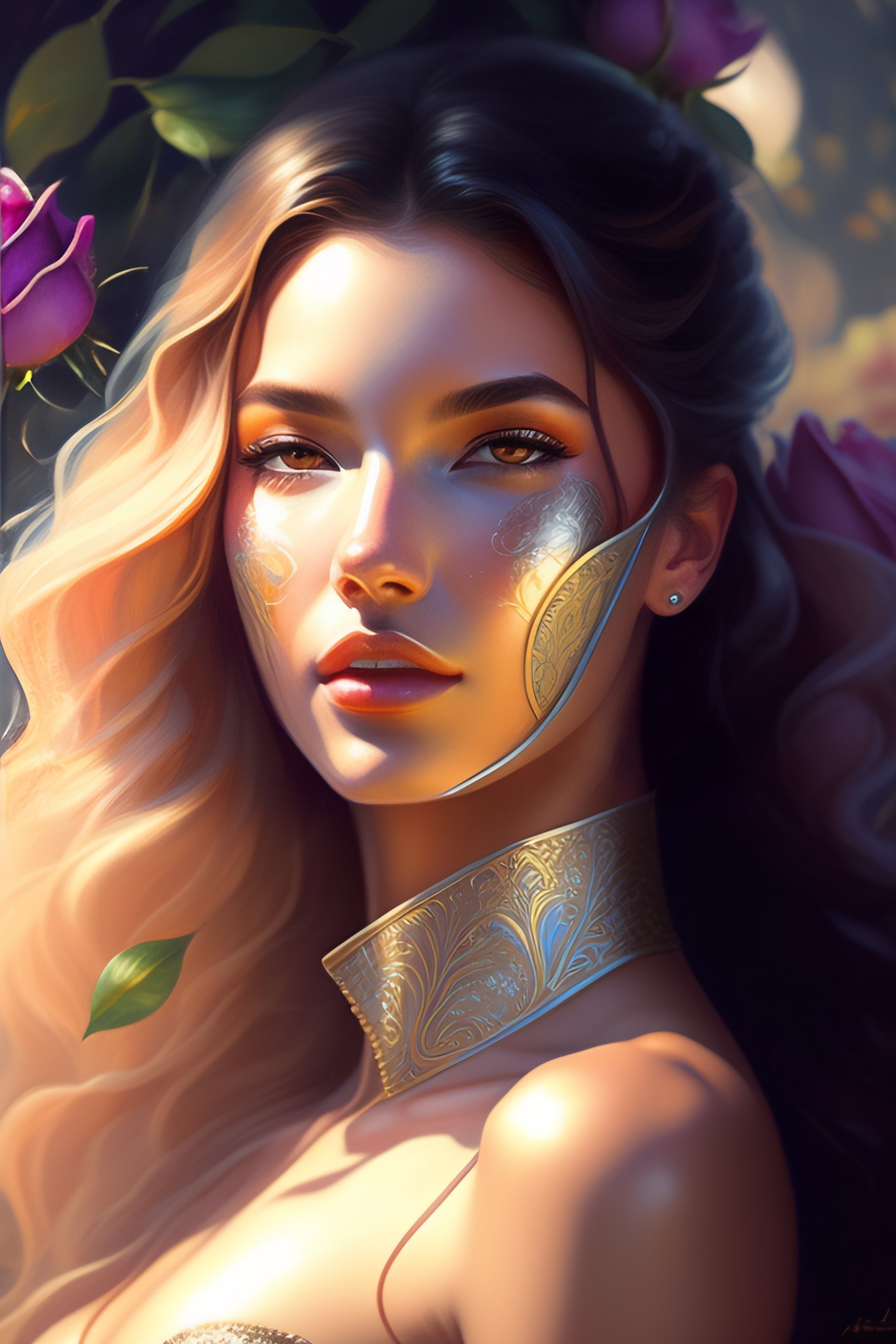 Lexica - Woman with a Chrome face mask smelling a flower, roses ...