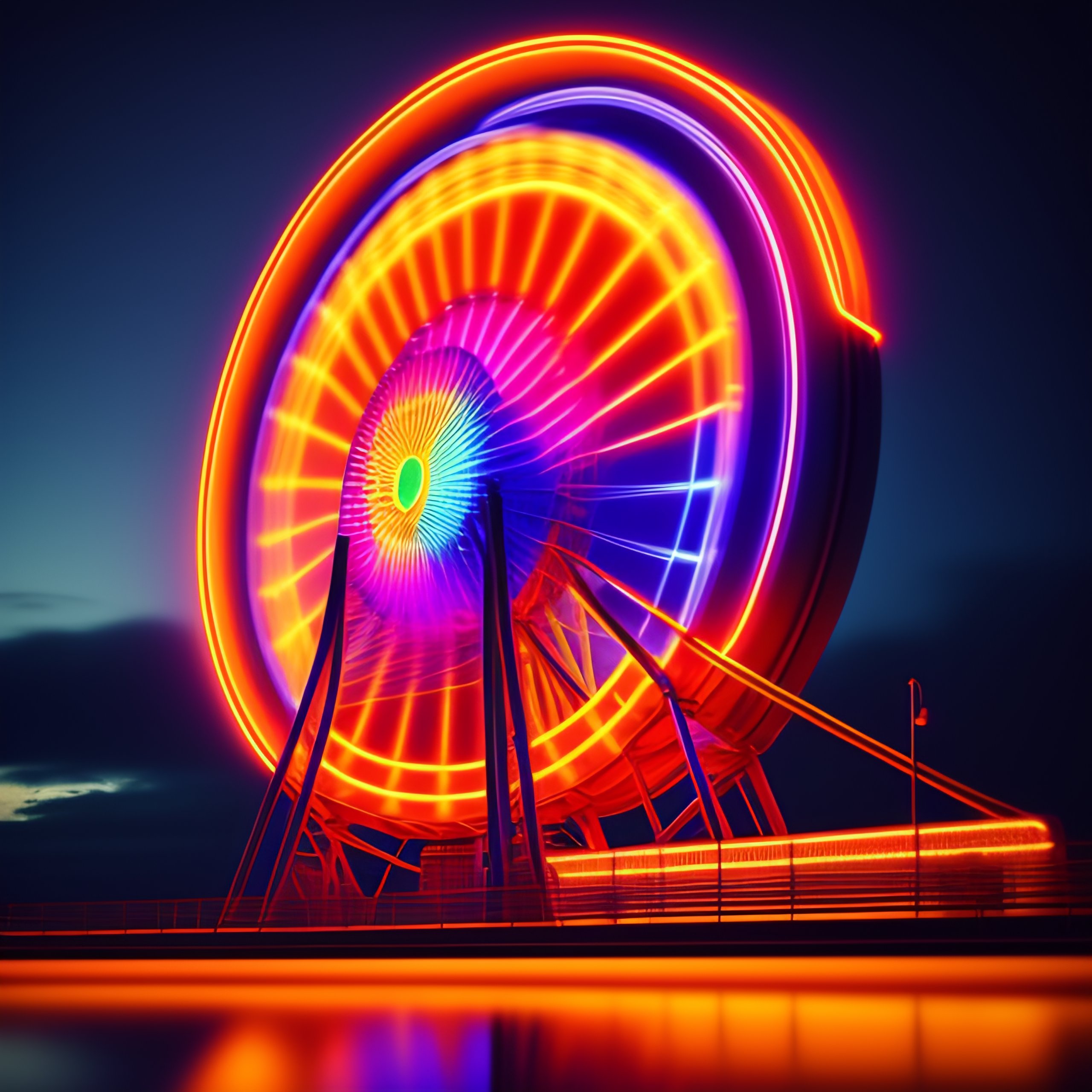 Lexica - 3d render of a Ferris wheel neon lights at night rainy street ...