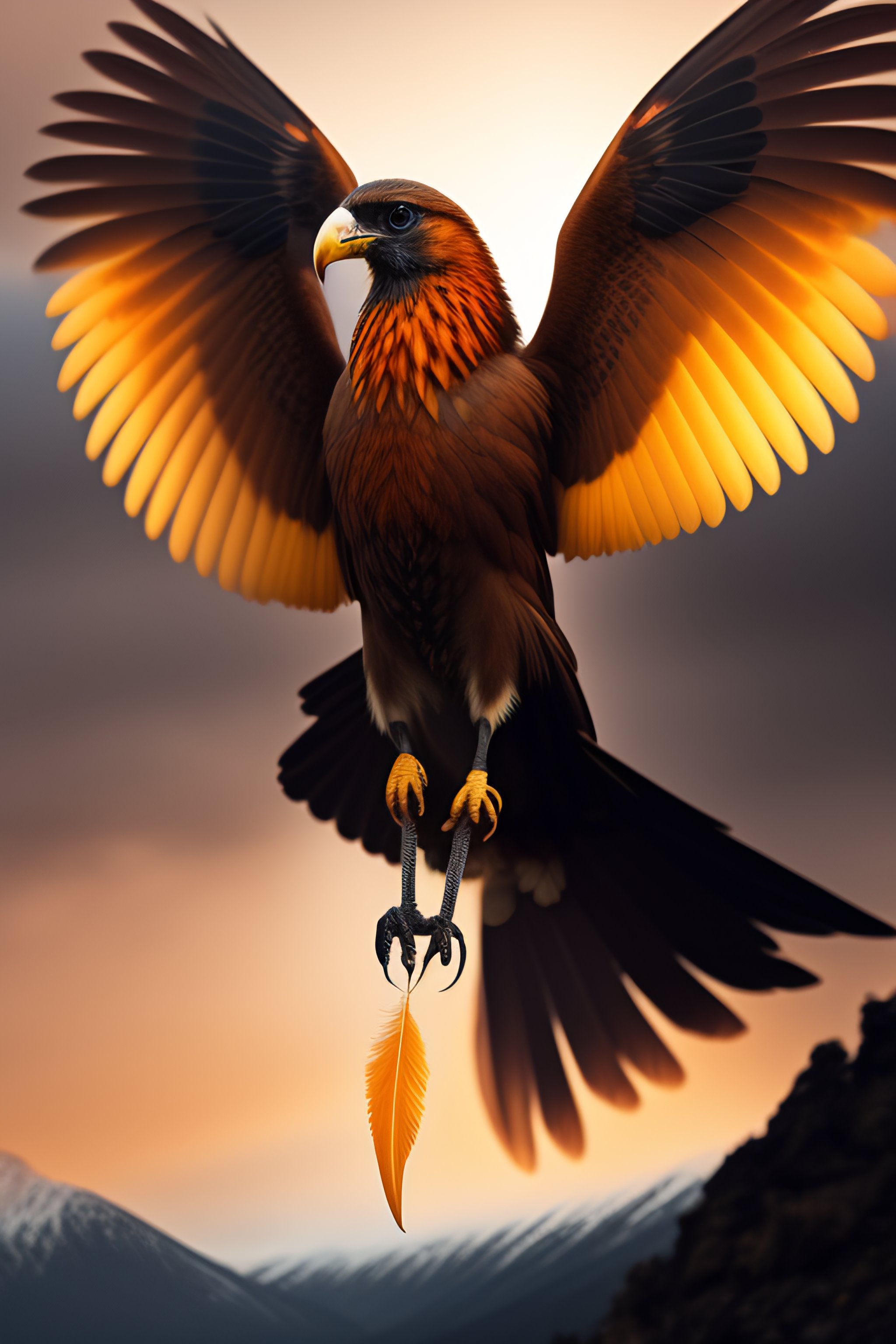 Lexica - Winged humanoid bird features, large talon, golden brown feathers