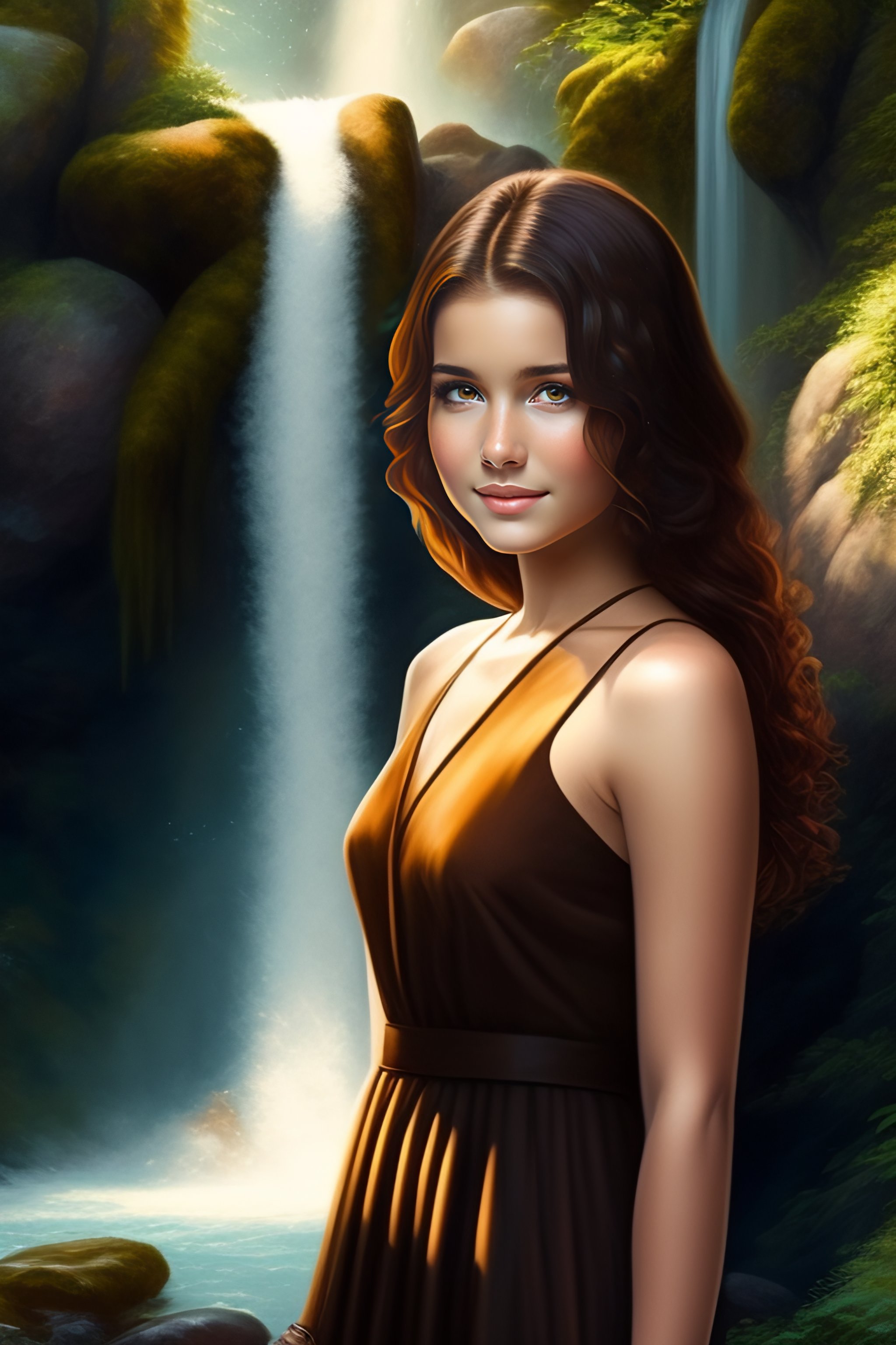 Lexica - Girl with short brown hair and a summerdress standing by a waterfall