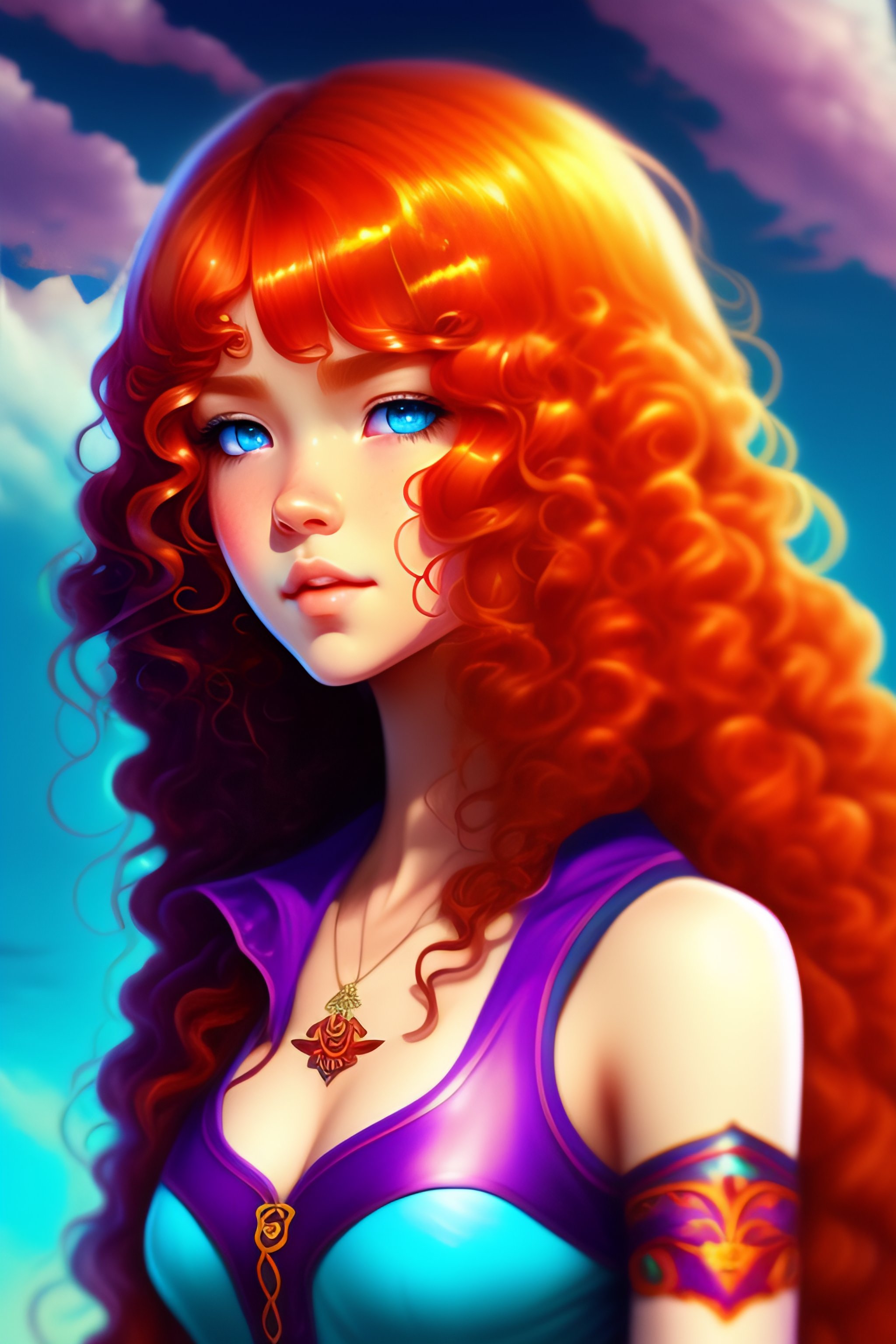 Lexica - Reddish orange, long curly hair with cyan highlights, with ...