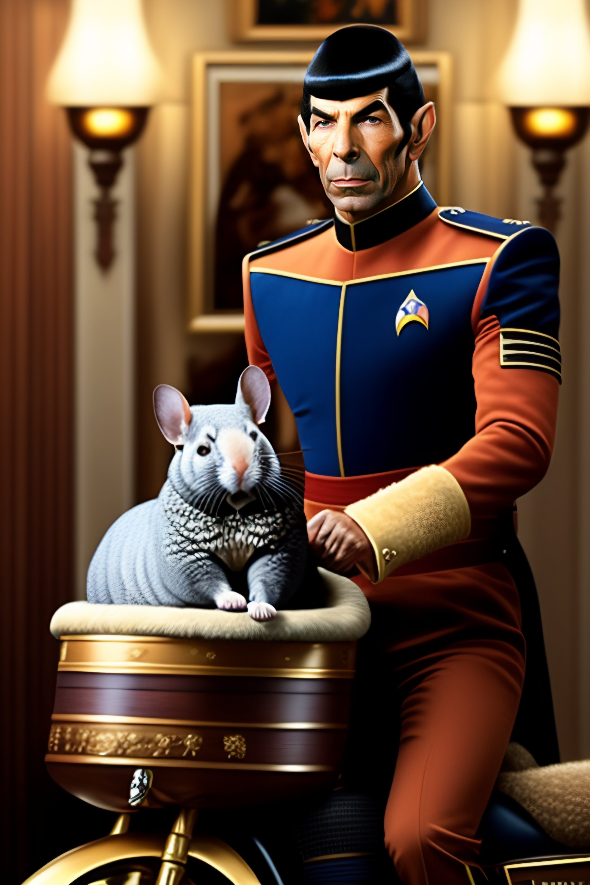 Lexica - A realistic drawing of commander Spock riding a chinchilla ...