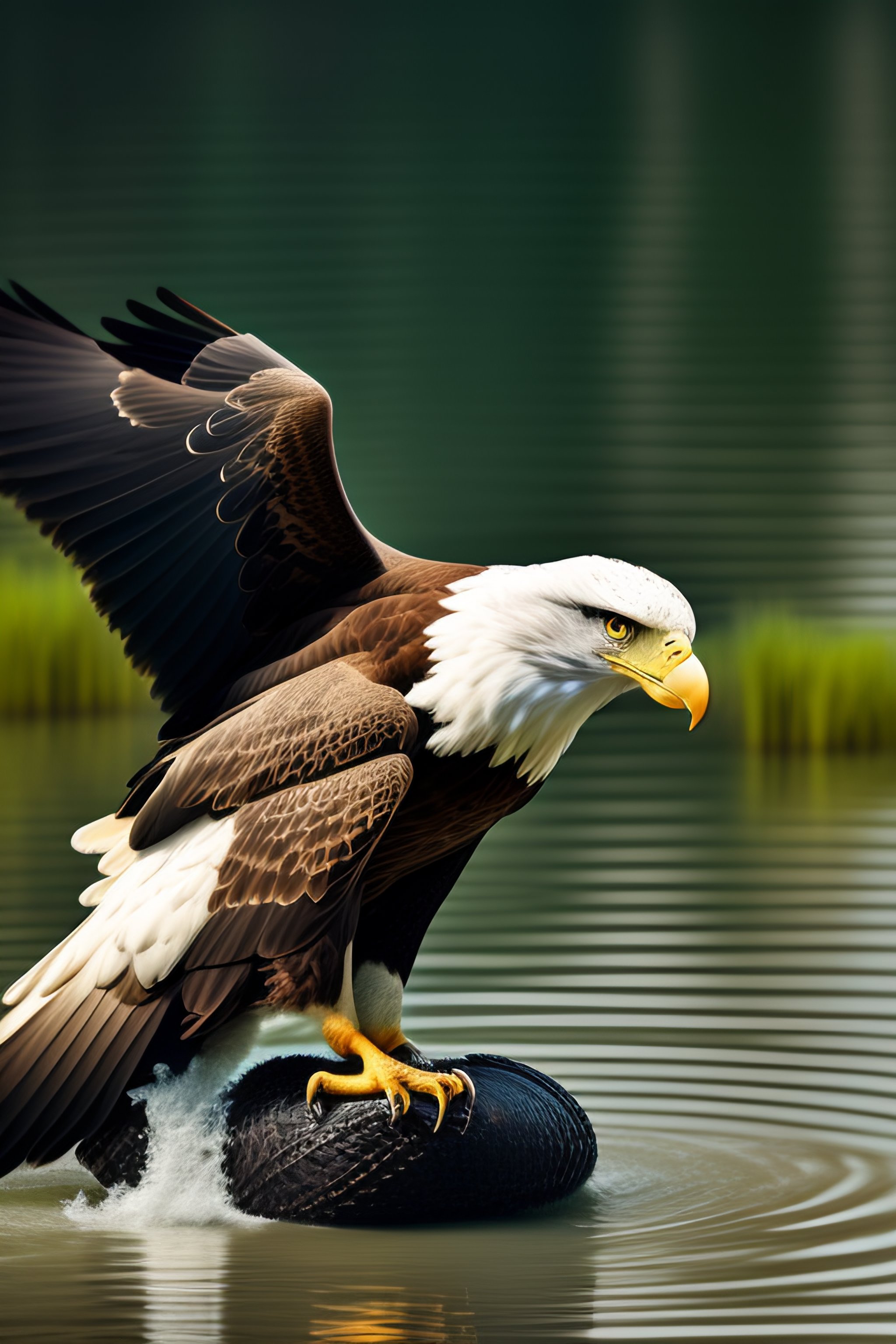 Lexica - Eagle crushing a snake by a lake, realistic