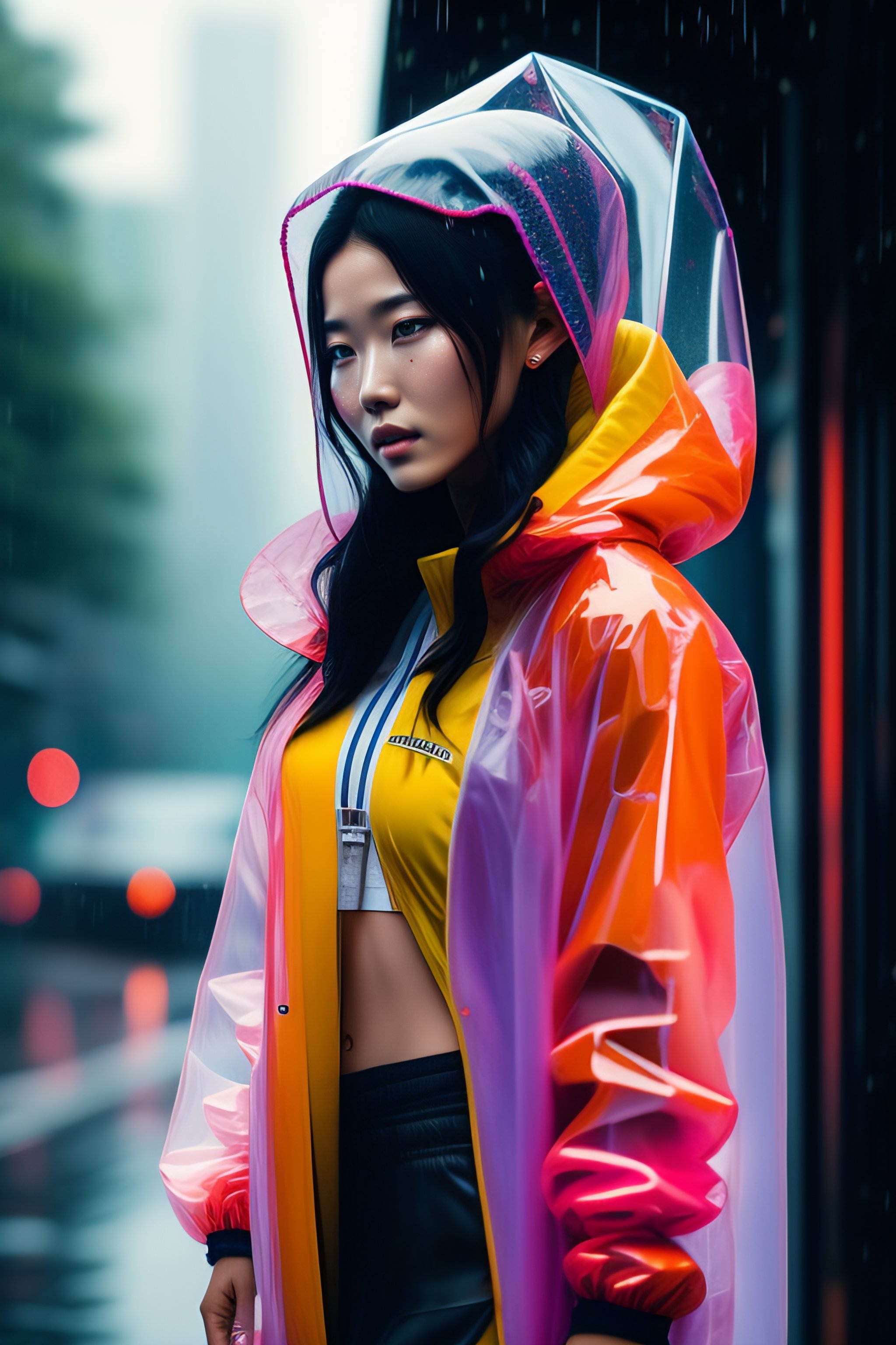 Lexica - Cyborg girl wearing transparent raincoat, cyborg parts, rainy ...