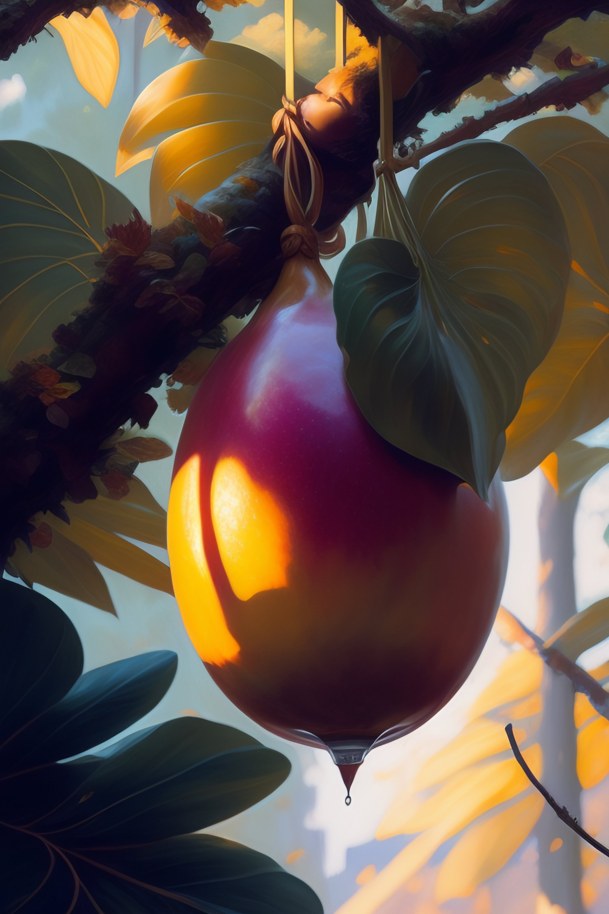 Lexica - A man hanging upside-down like a fruit from a tree branch by tsuyoshi nagano, greg ...