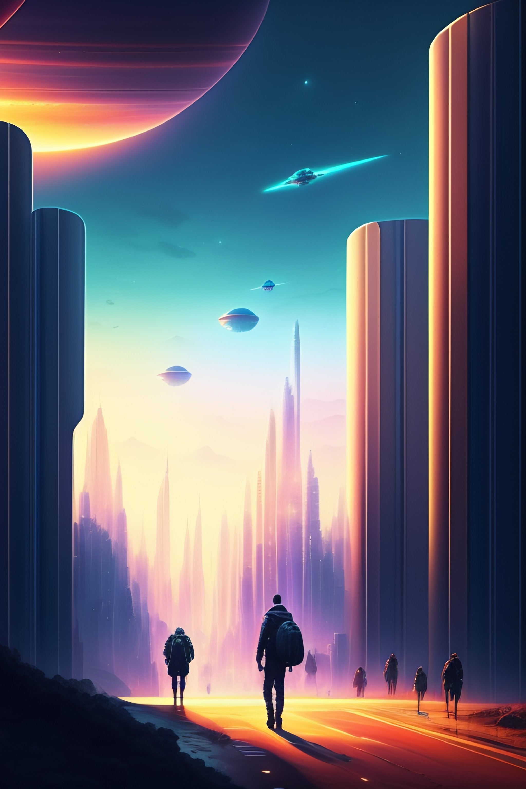 Lexica - Comic illustration of a futuristic city, jupiter clouds ...