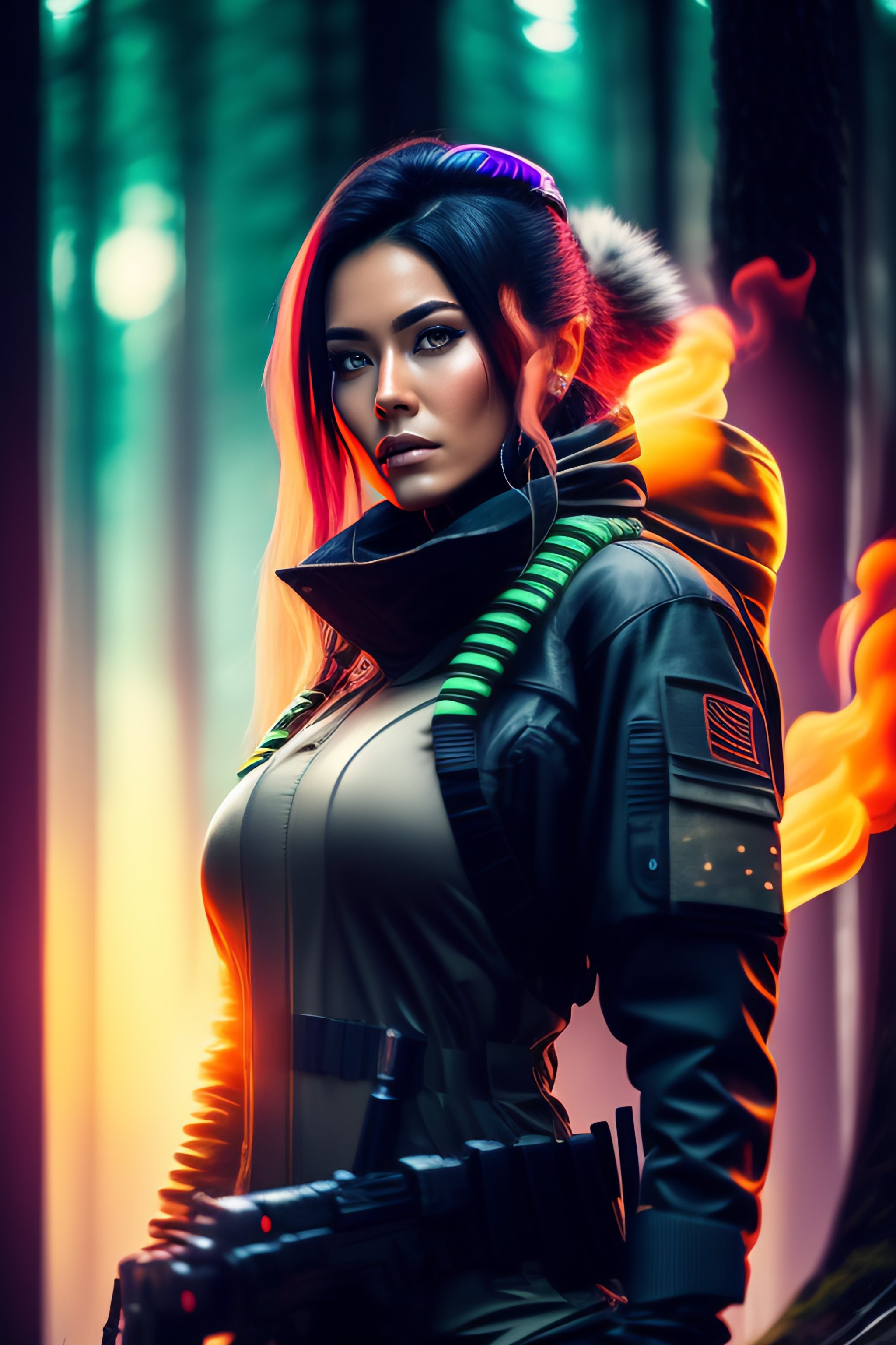 Lexica - Wide angle, cyberpunk themed female human, in a dense forest ...