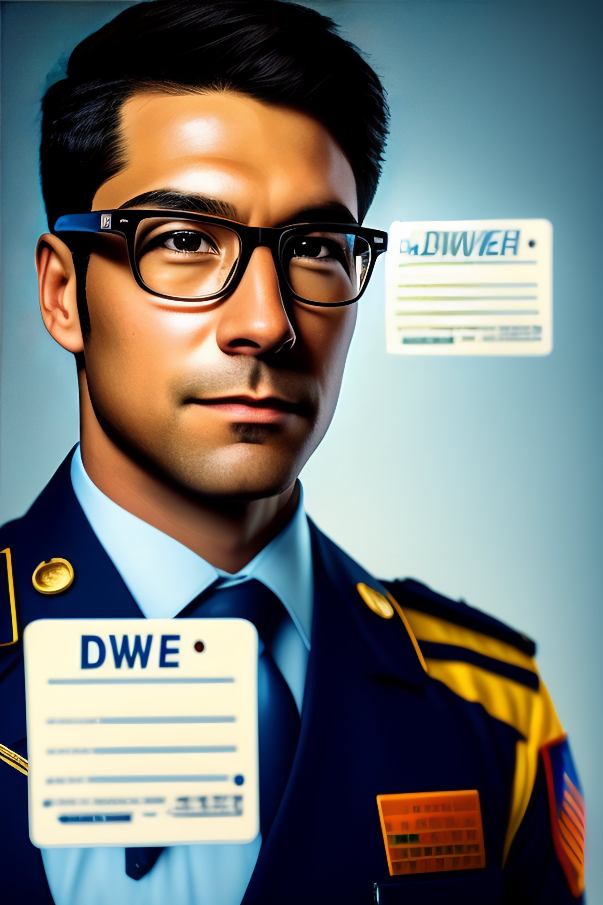 Lexica - Portrait of a nerdy dweeb inspector with glasses and a nametag