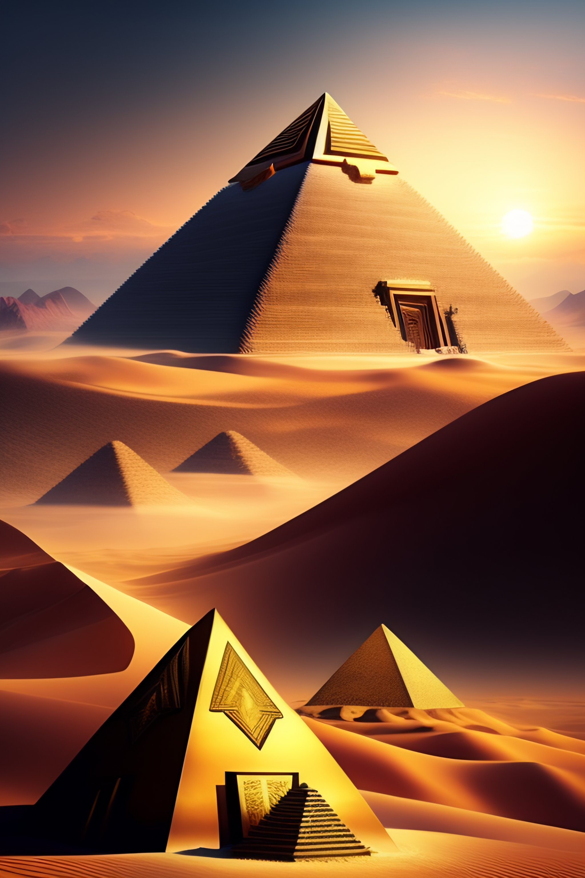 Lexica - Pyramids and a gold temple in a desert and immortal Gods