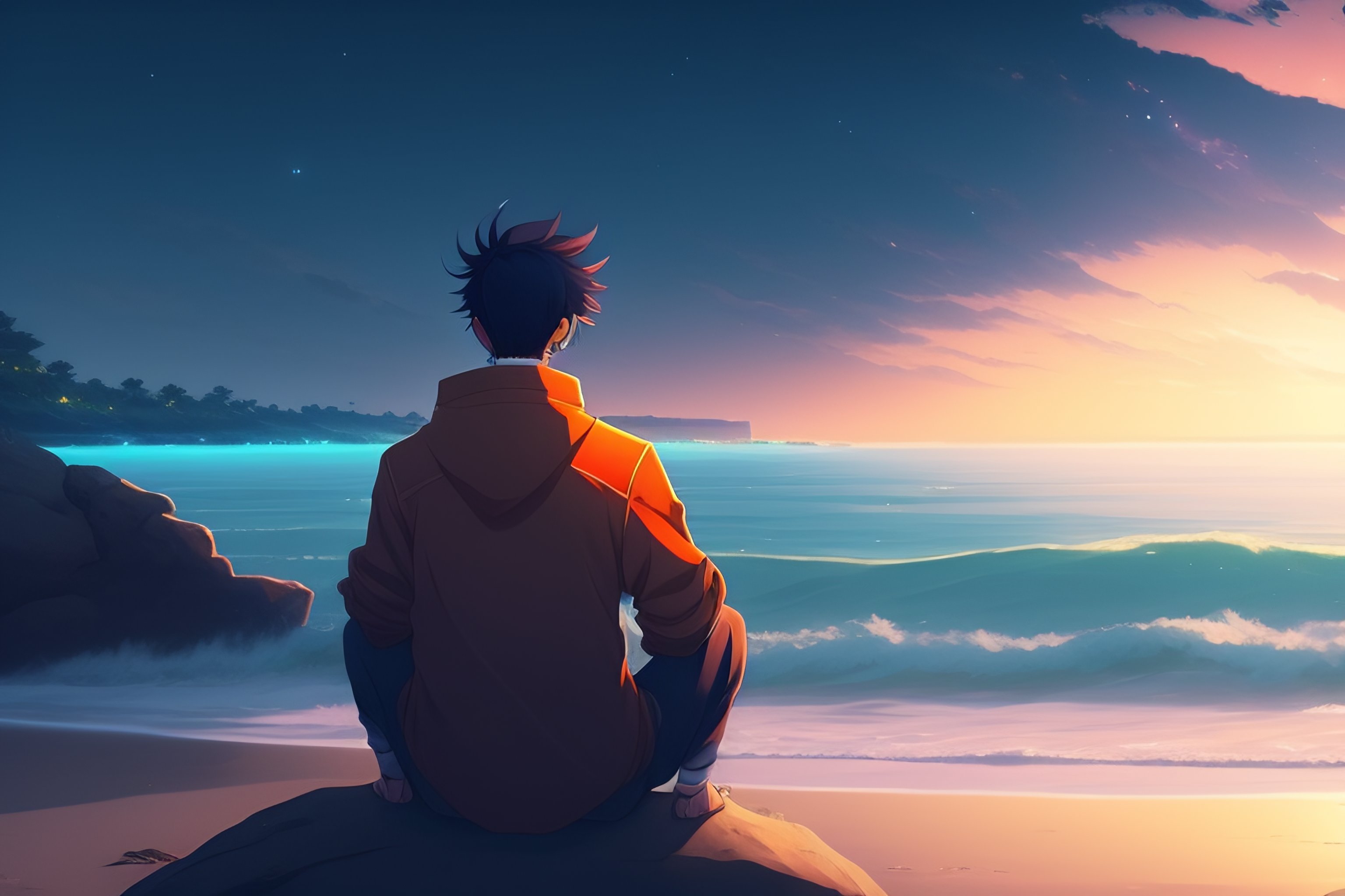 Lexica - Beautiful anime painting of back of a man from a far with dark ...