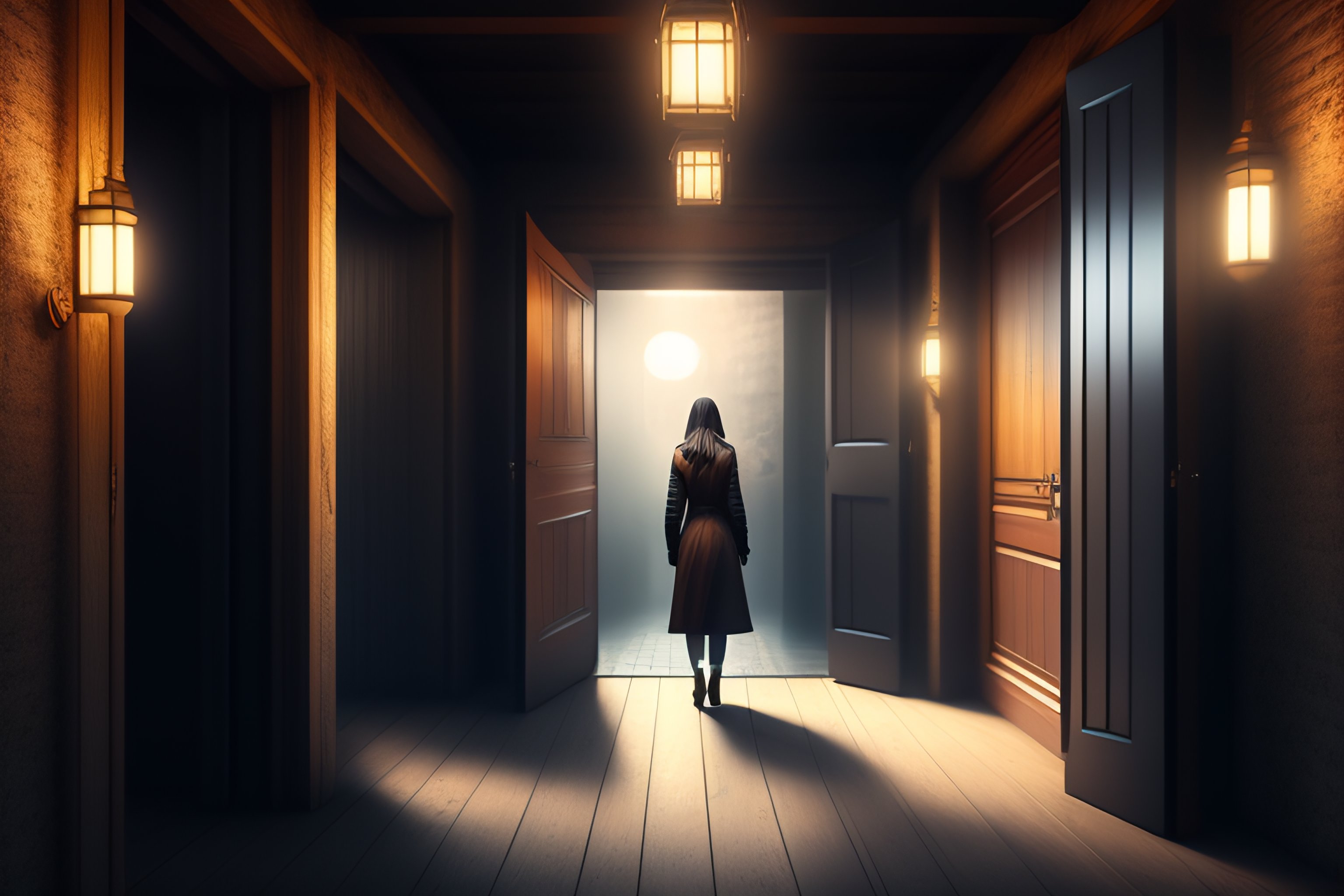 Lexica - Woman standing in a cellar corridor with doors on the left and ...