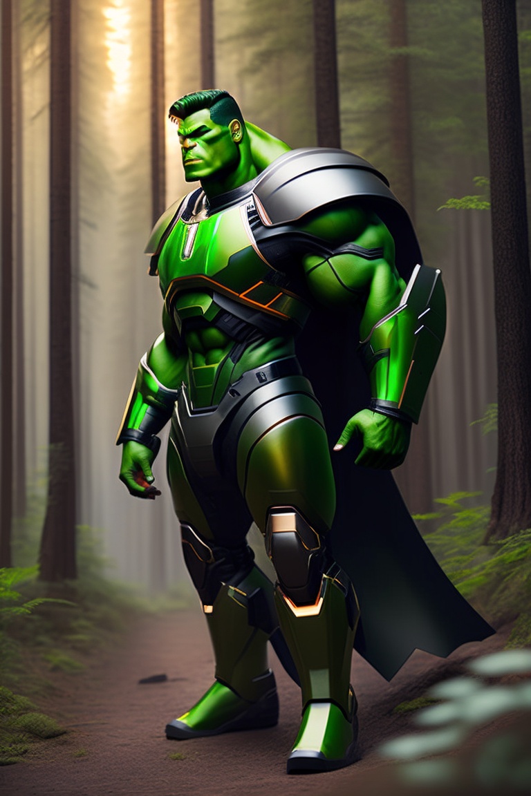 Lexica - Hulk wearing a futuristic armor::2.5 standing in a forest ...