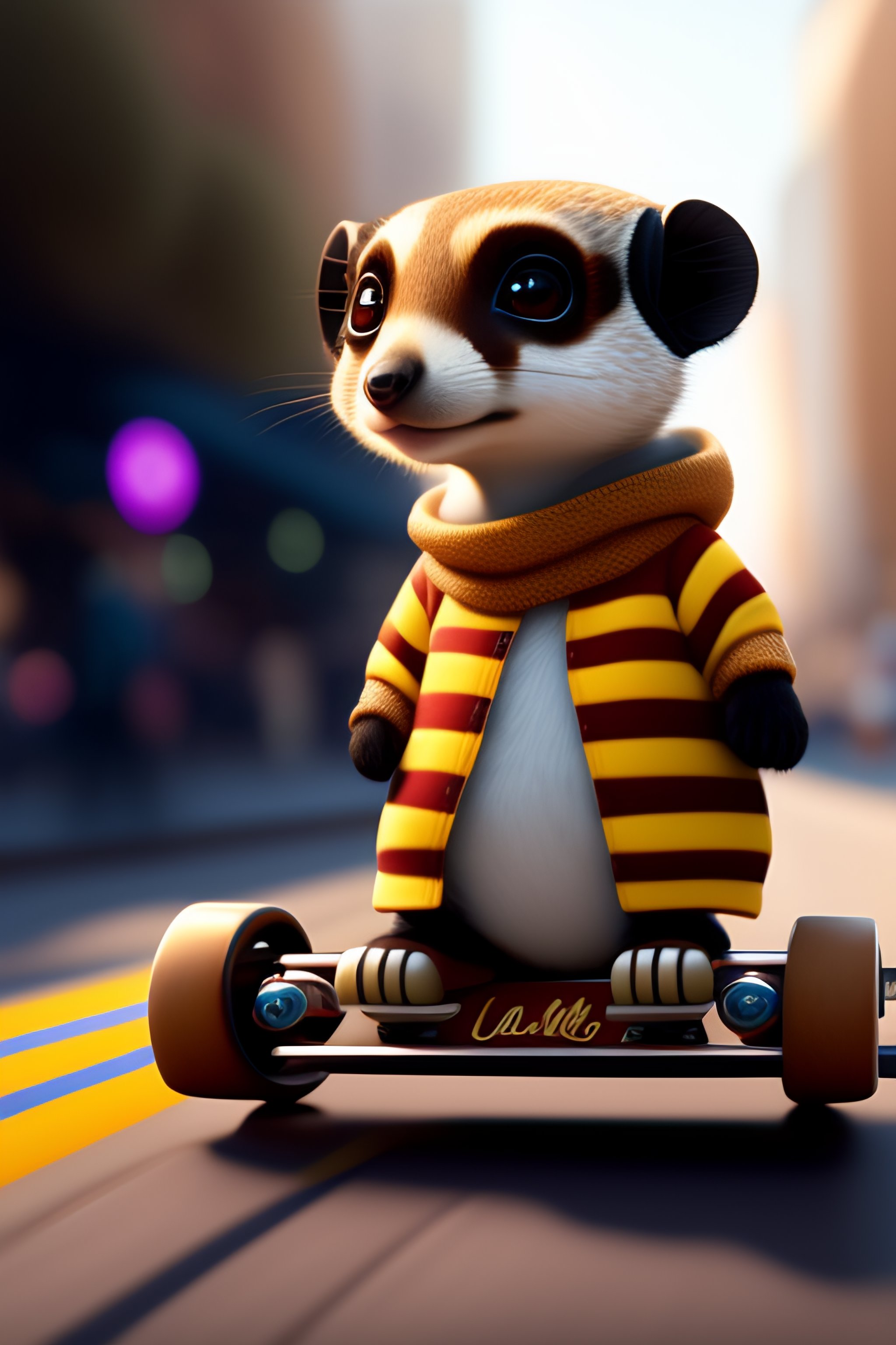 Lexica - Cute little humanoid meerkat, riding action with a skateboard ...
