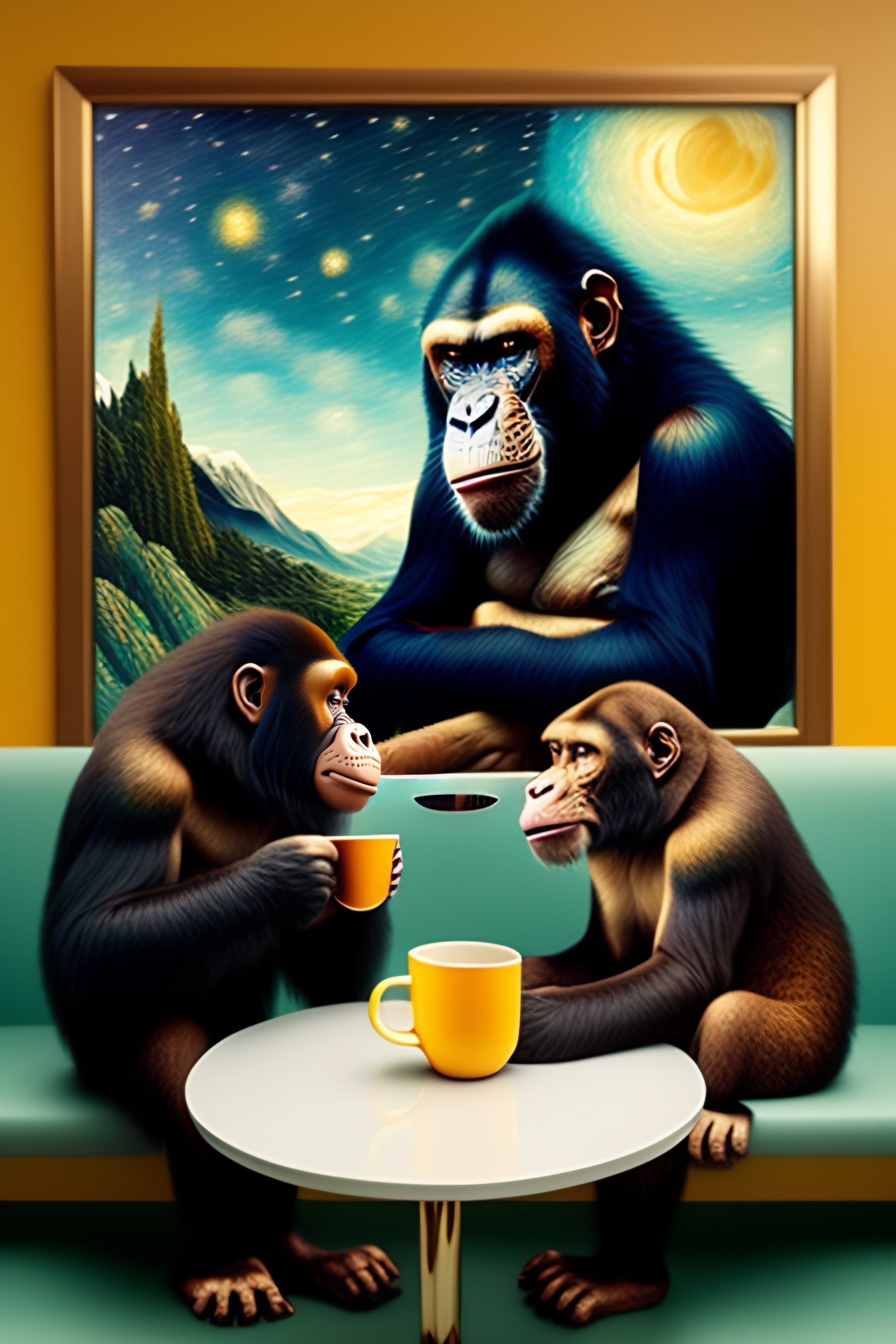 Lexica - An ape and a wolf enjoying a cup of tea while riding on the ...
