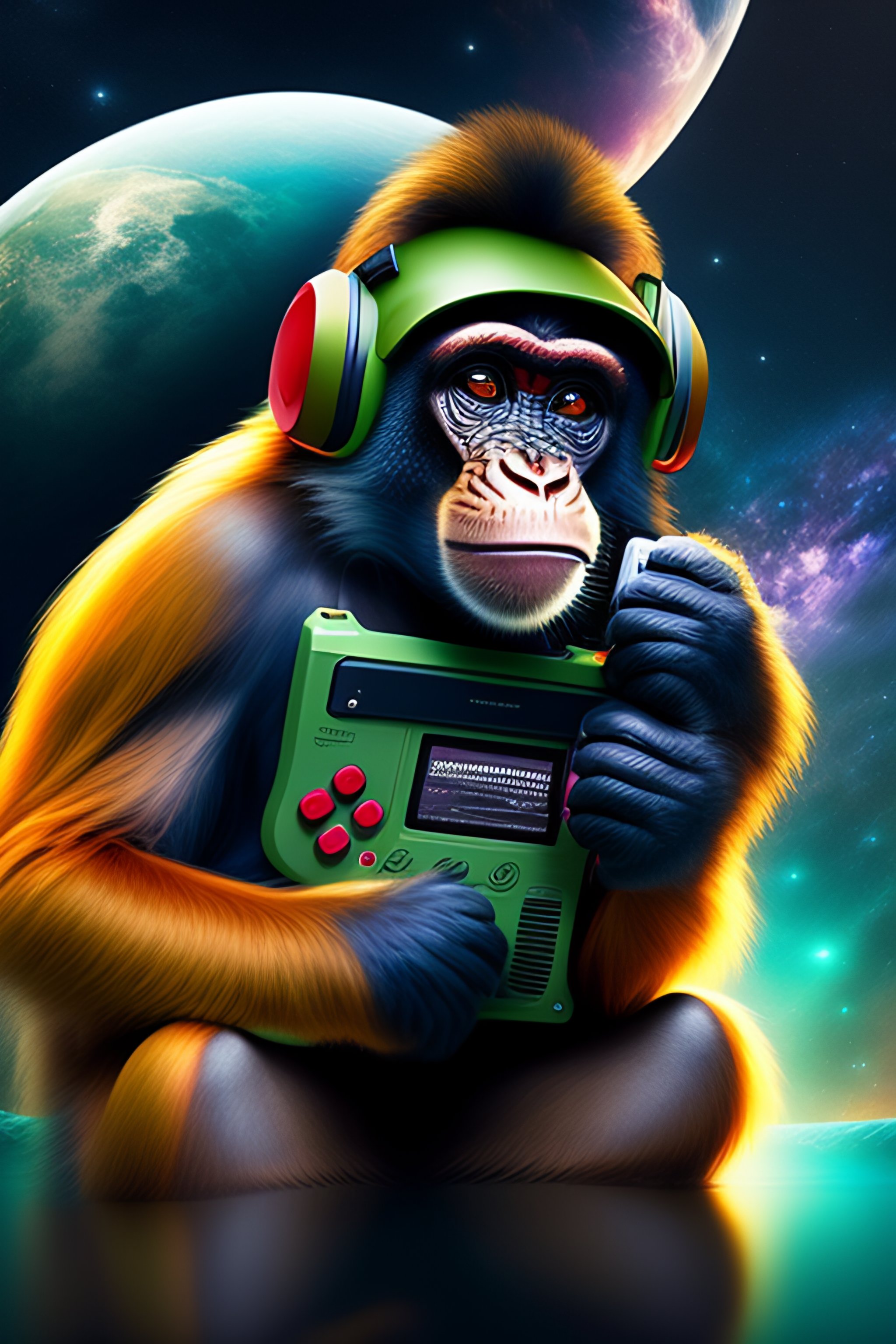 Lexica - A monkey playing a gameboy in the space