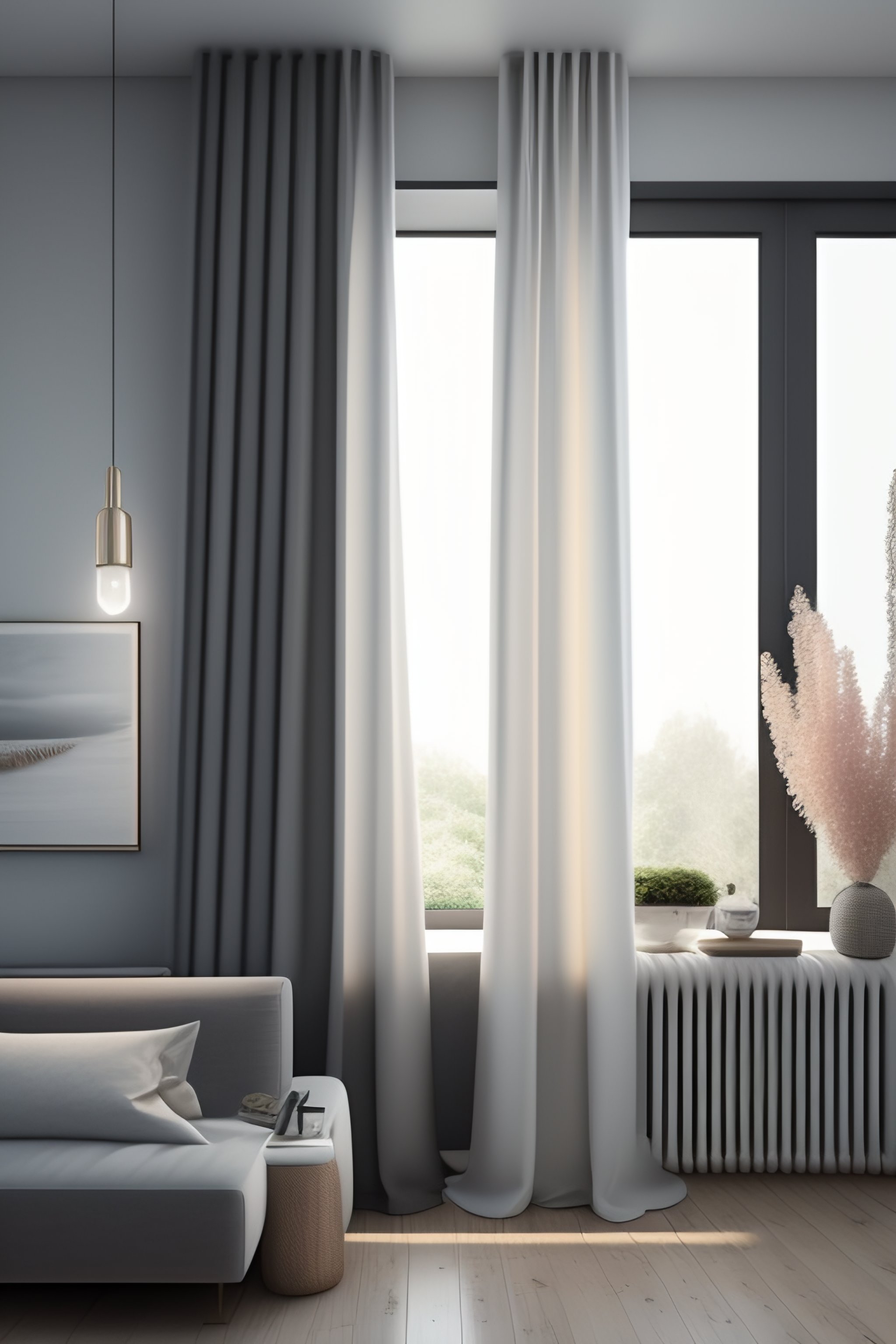 Lexica - Photograph of modern interior design with white linen curtain