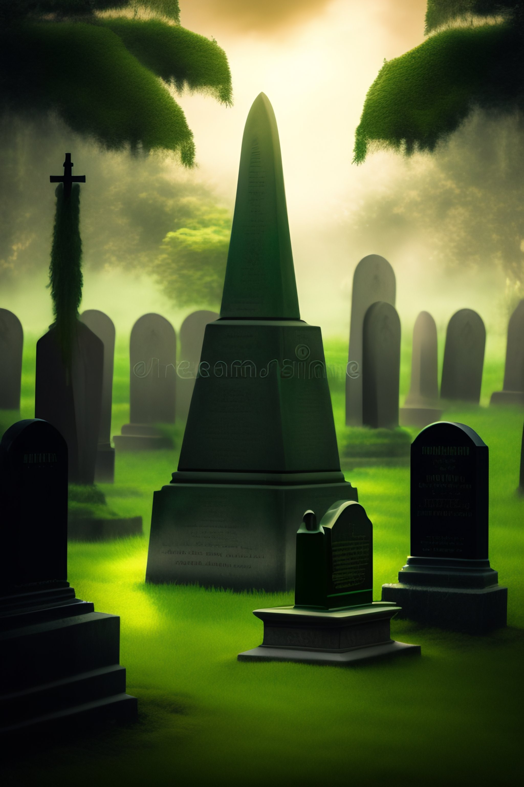 Lexica - Hyper realistic setting of a cemetery, open graves with green ...