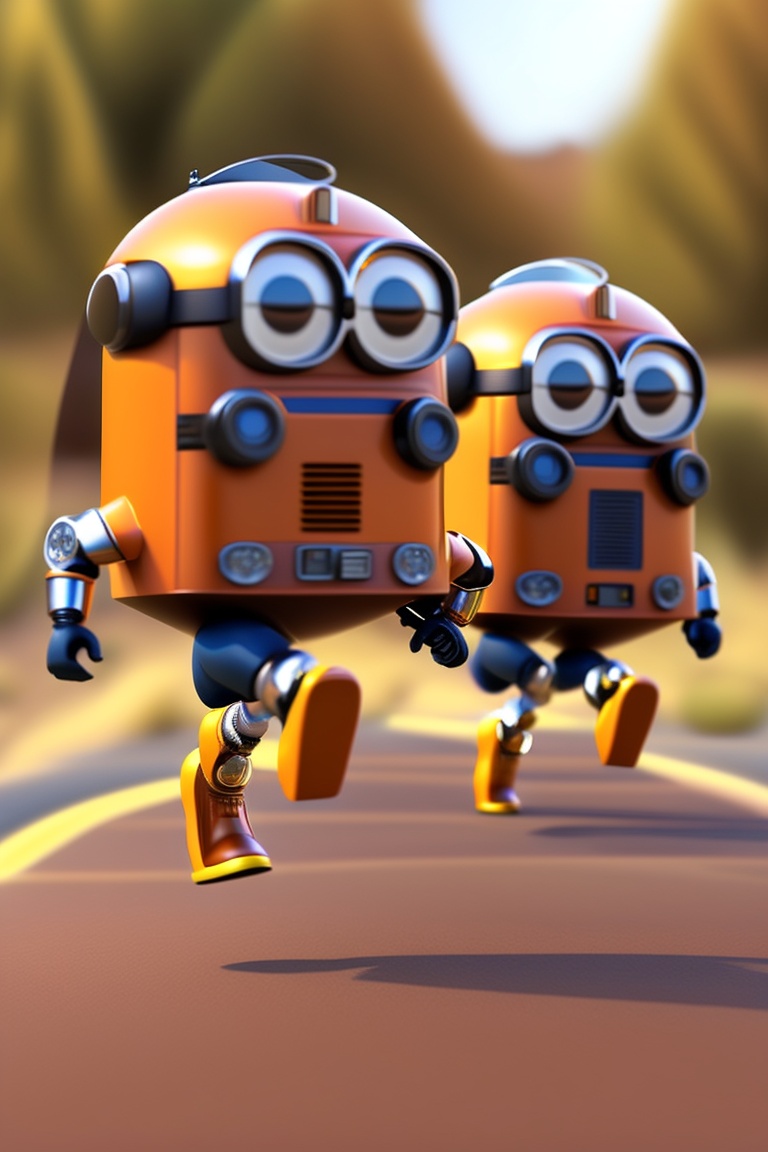 Lexica - Small brown minions robots, running to boy and girl robot owners