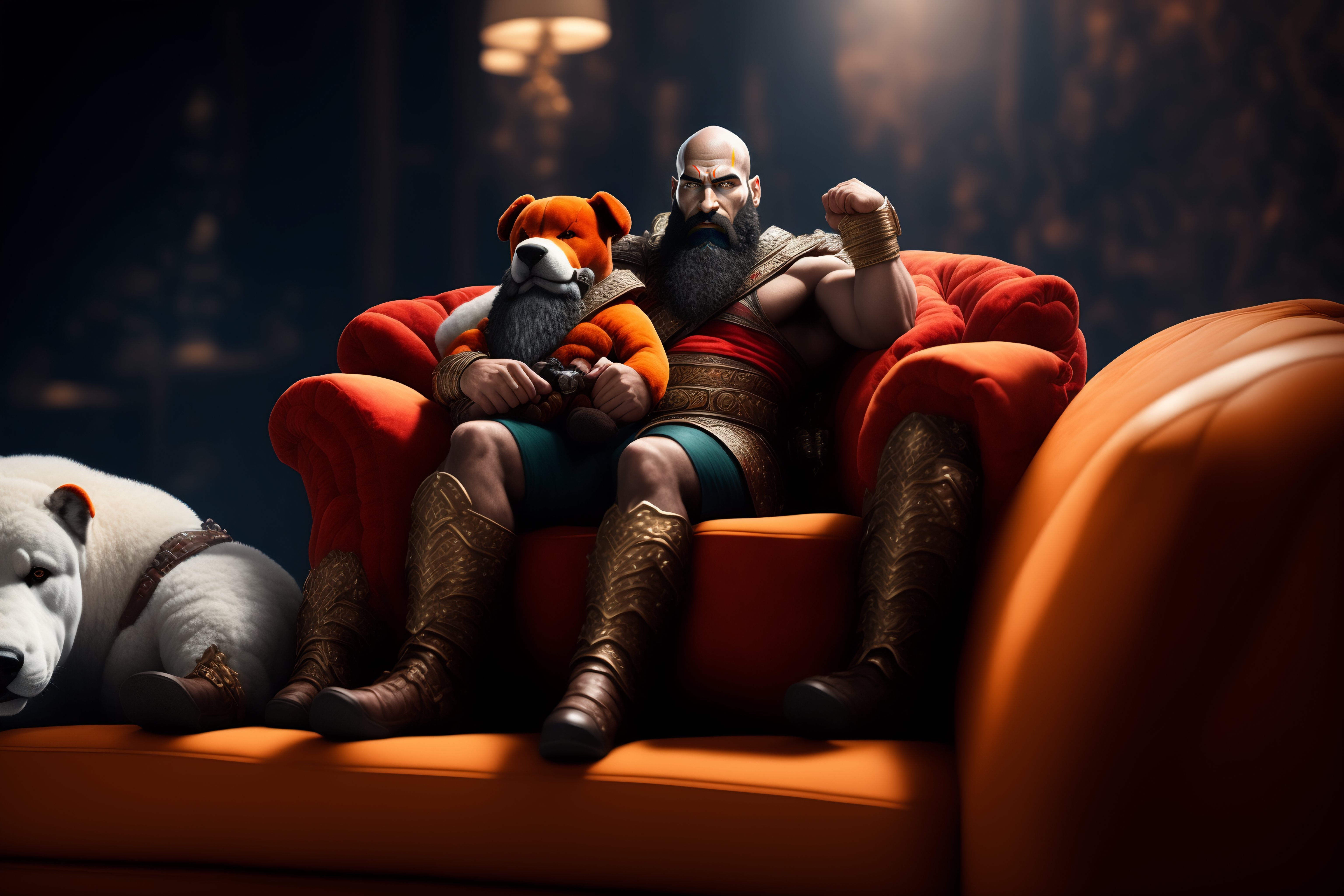 Lexica - God of war sitting on a couch holding a stuffed animal