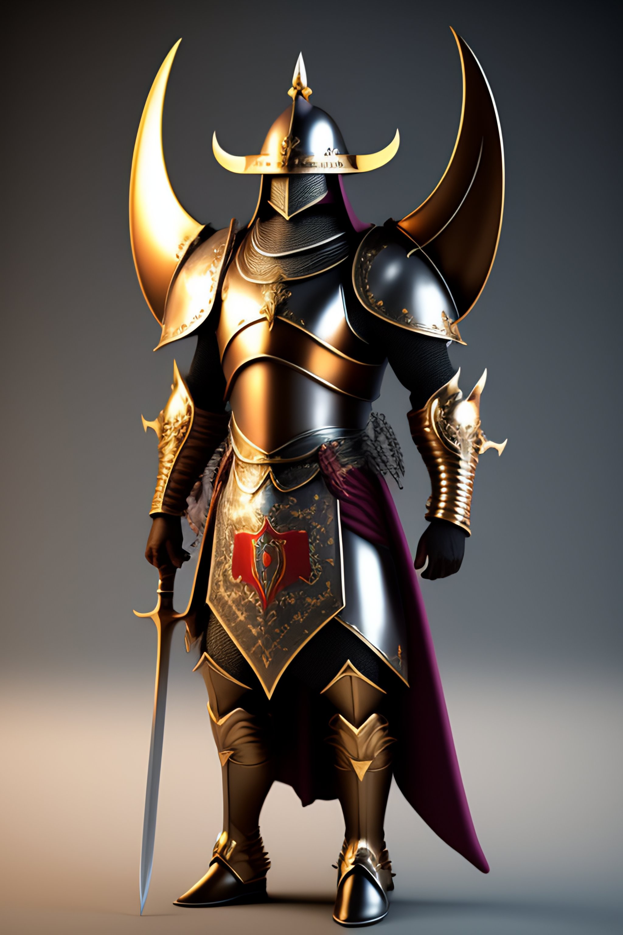 Lexica - Knight in full armor holding shield and sword with demon horns 3d