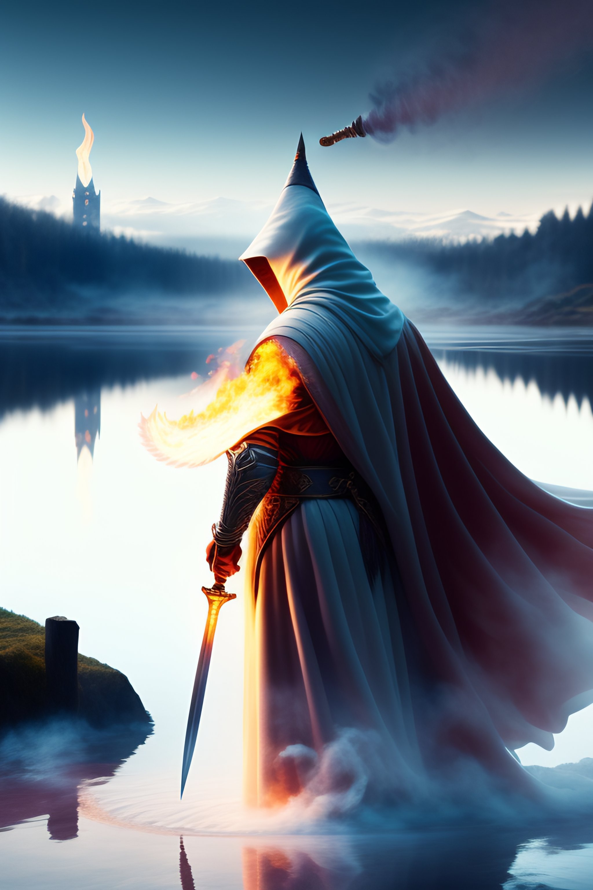 Lexica - Wizard with white robe and sword fire near river