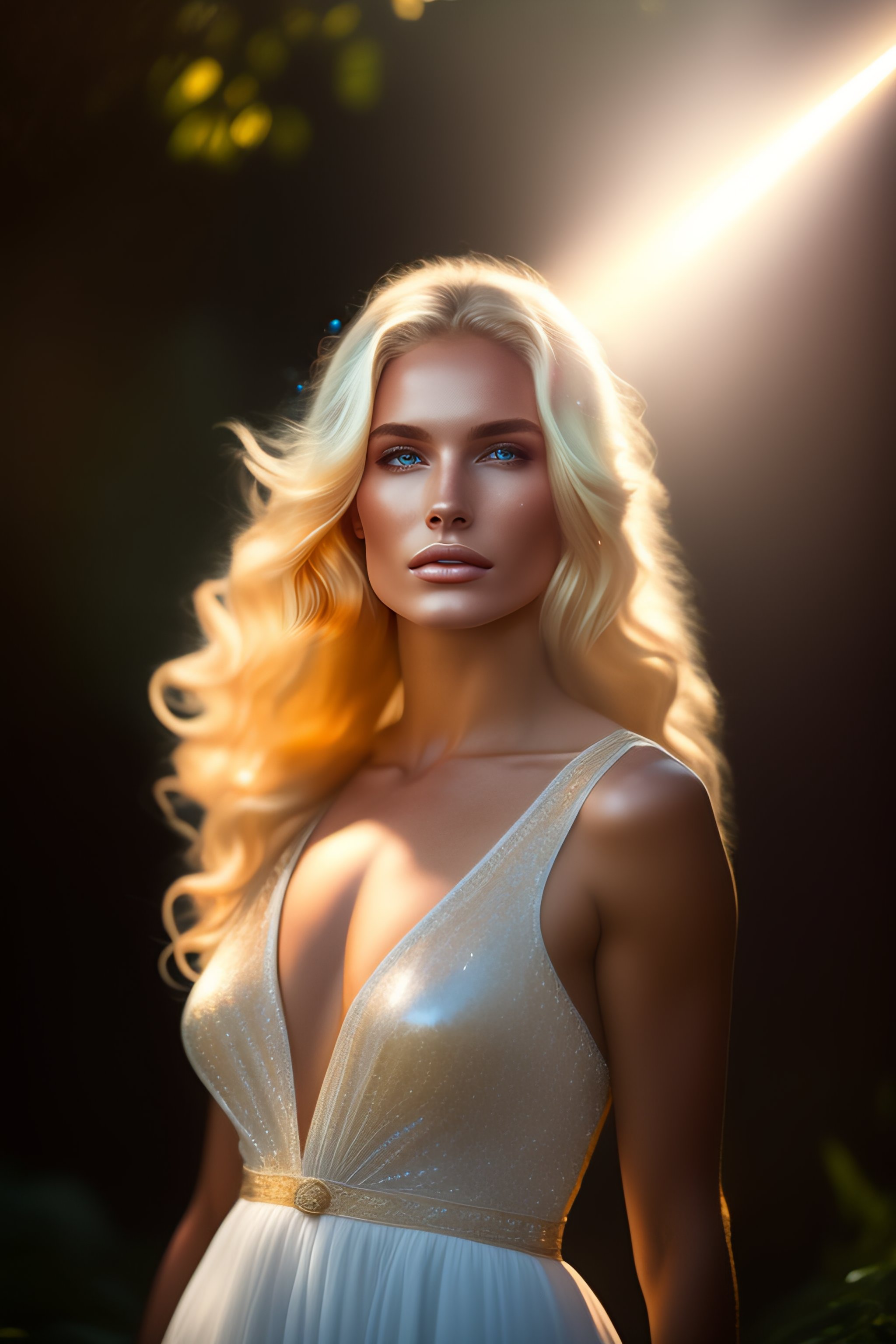 Lexica - Strong bodied blonde goddess stands proud and strong amidst rays of gentle iridescent ...