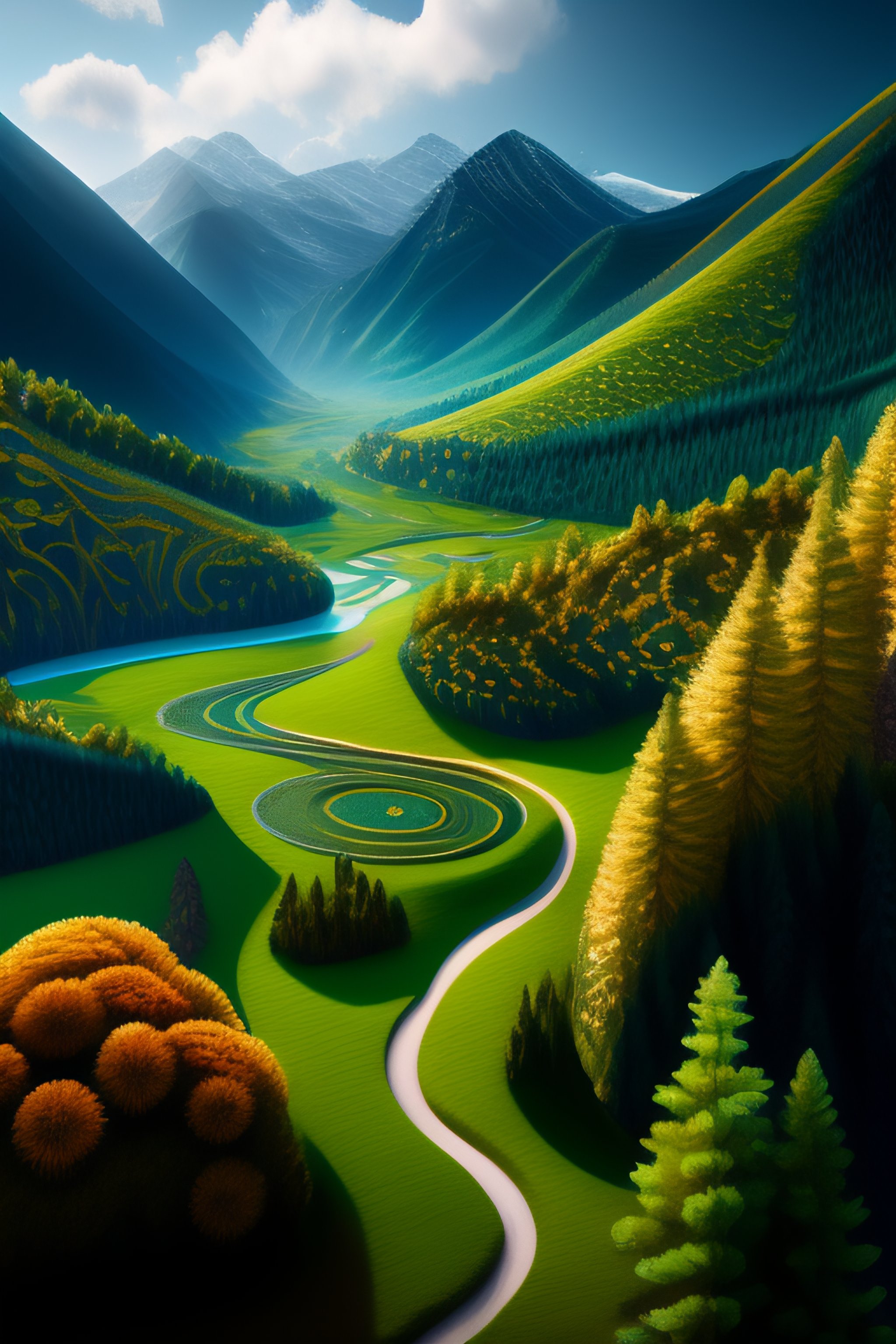 Lexica - Mountais, trees, stunning environment, wide-angle, aerial view ...