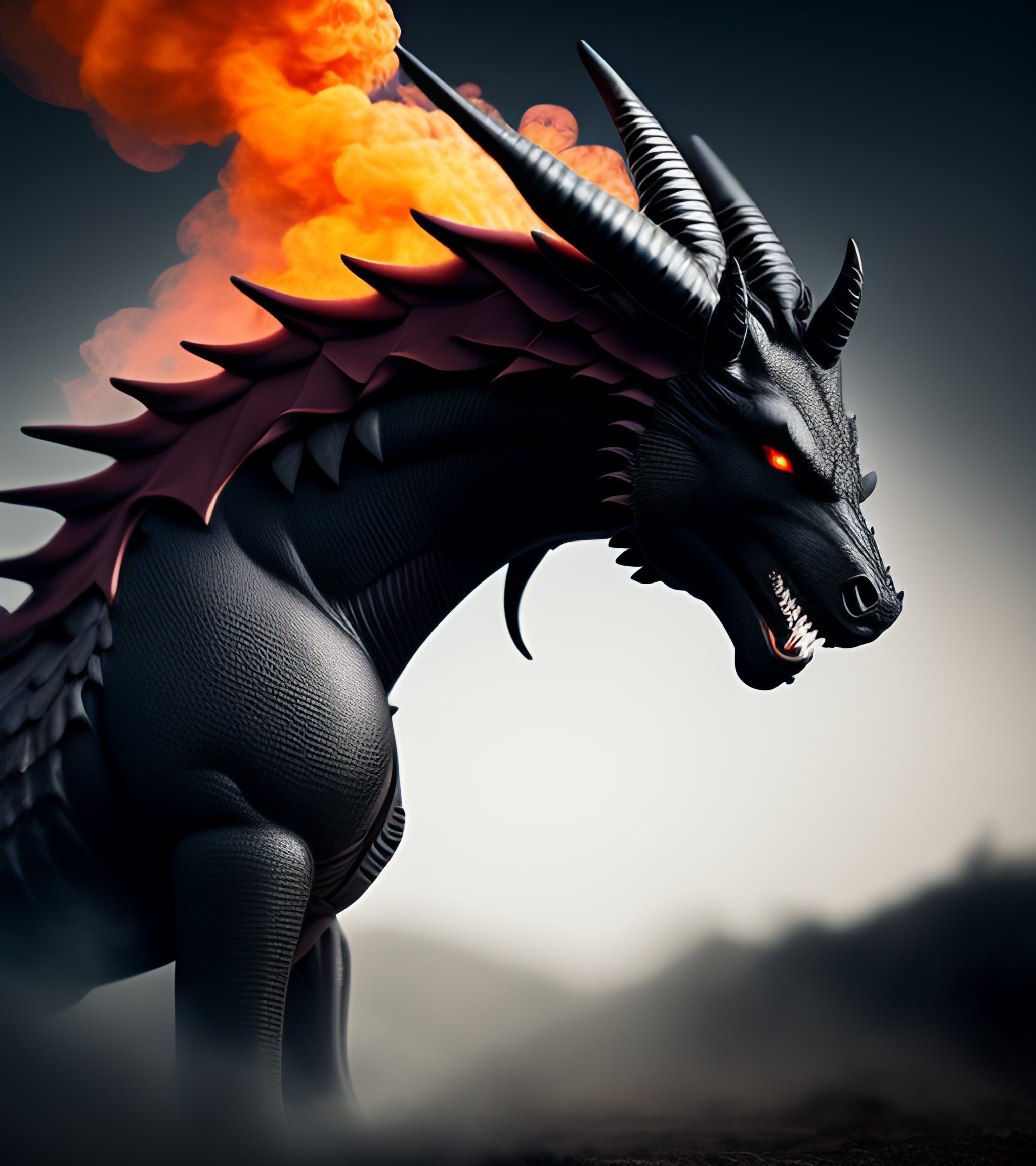 Lexica - Dark Knigh , smoke , realistic photo , 8k , gray backgroud , gigant dark fire dragon