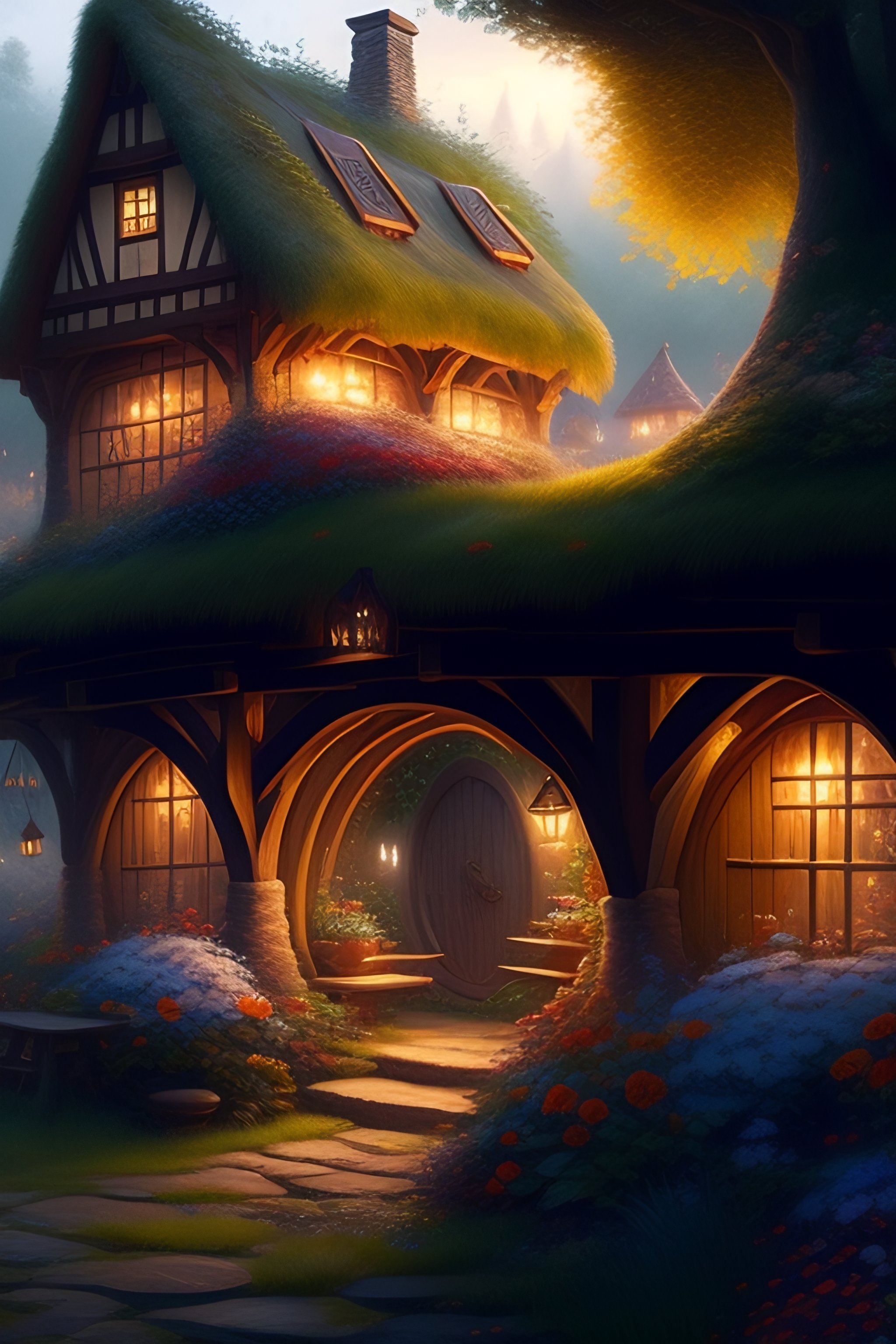 Lexica - Hobbit village, market, flowers, trees, crowded, peaceful ...