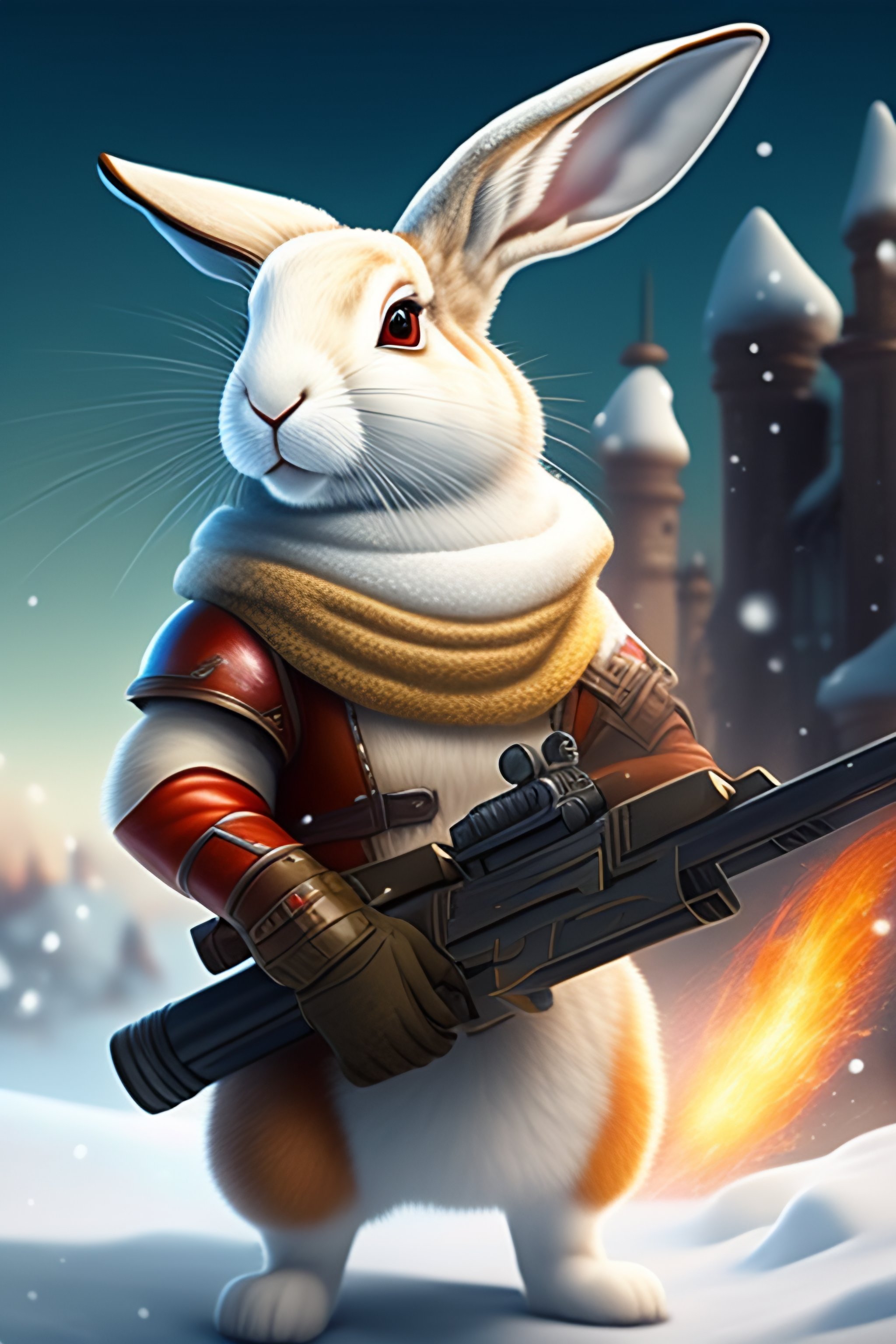 Lexica - A snow-white hare wielding a rocket-launcher from a video game.