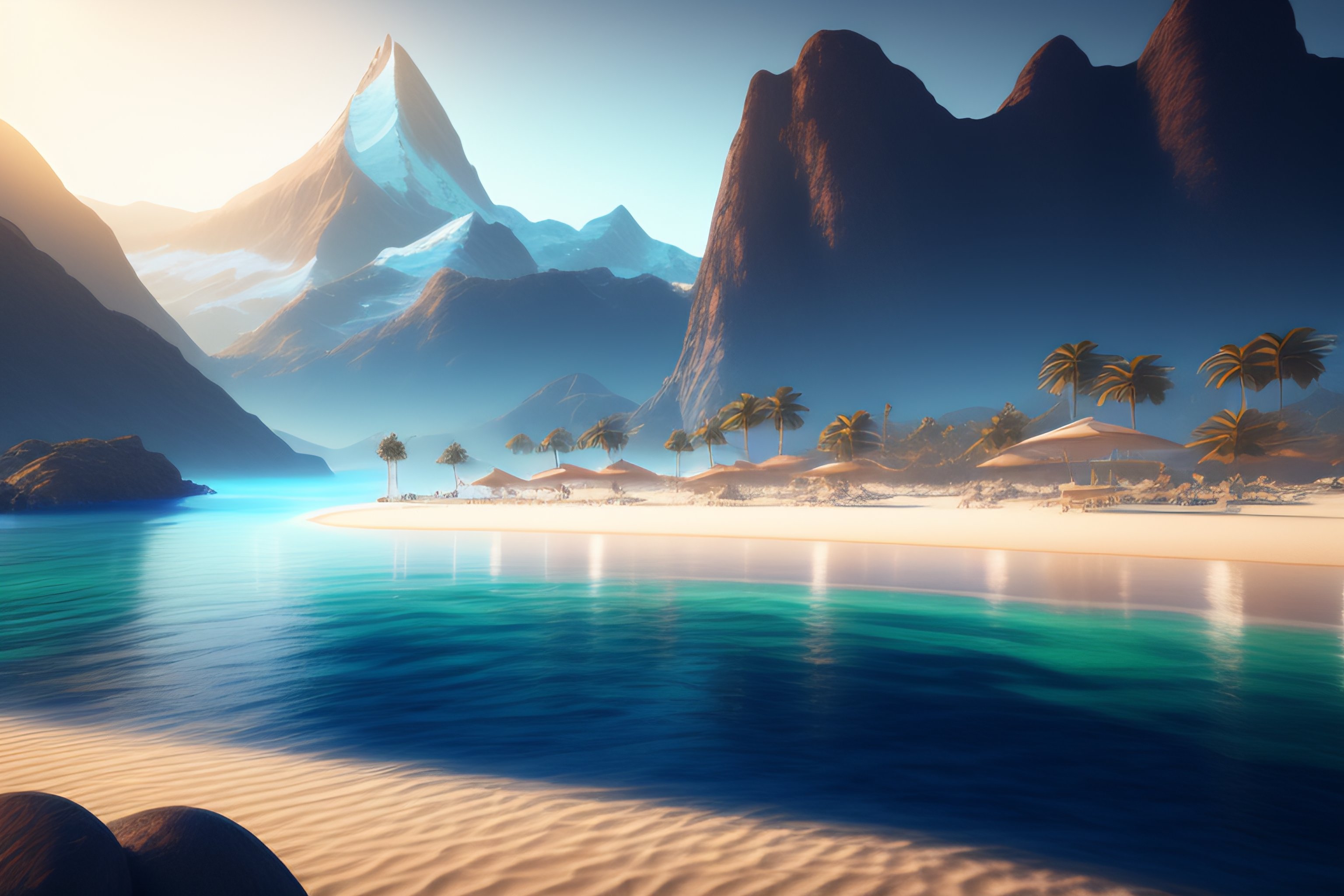 Lexica - Artstation scifi 3D scene of a showing a beach, palms, with a ...