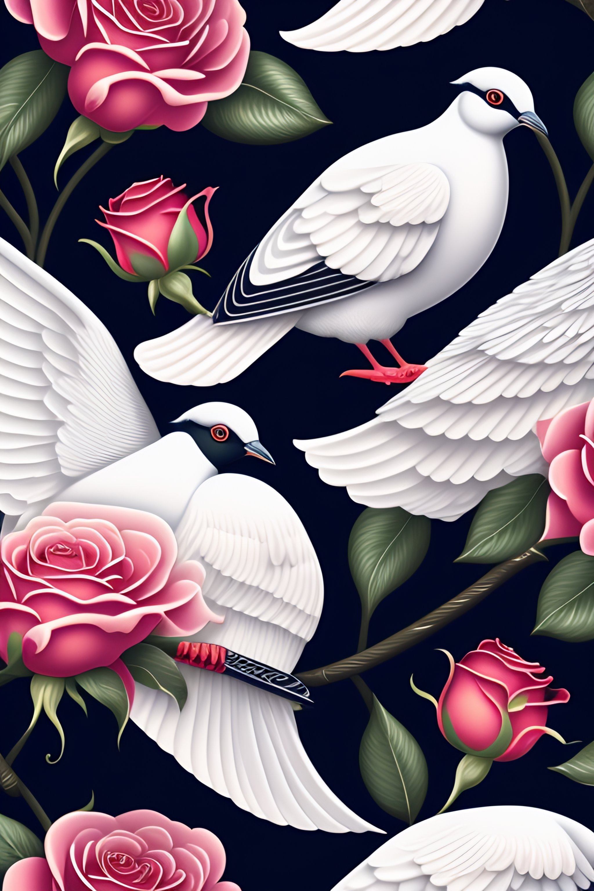 Lexica - White doves, roses, clothing fabric, symmetrical pattern ...