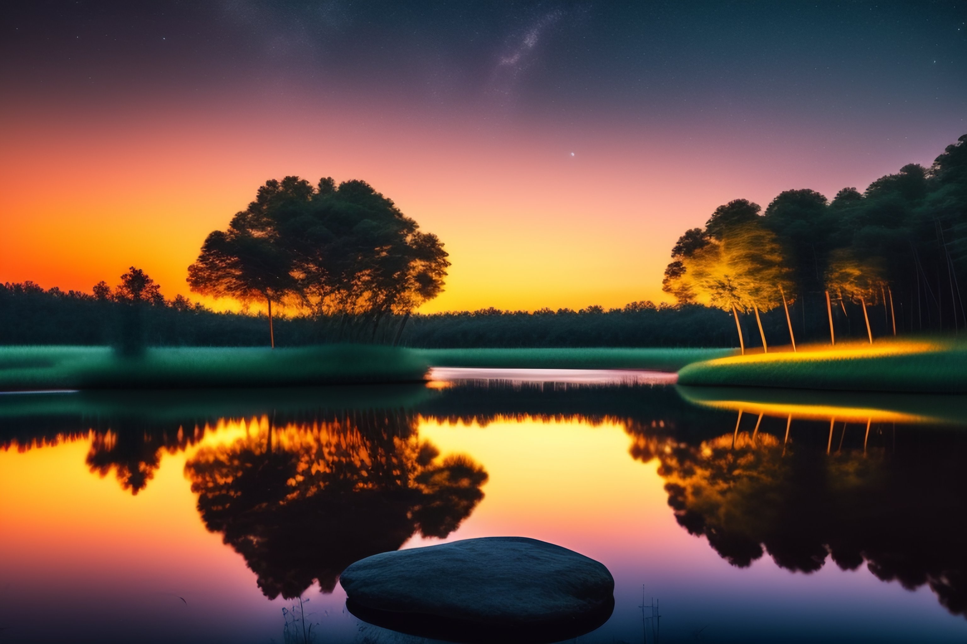 Lexica - Beautiful plains, night, fireflies, moon glowing, forest in ...